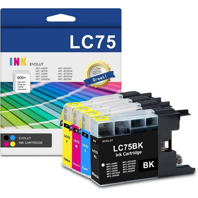 Brother LC75 High Yield Ink Cartridge (4-Pack, 1BK/1C/1M/1Y) for MFC ...