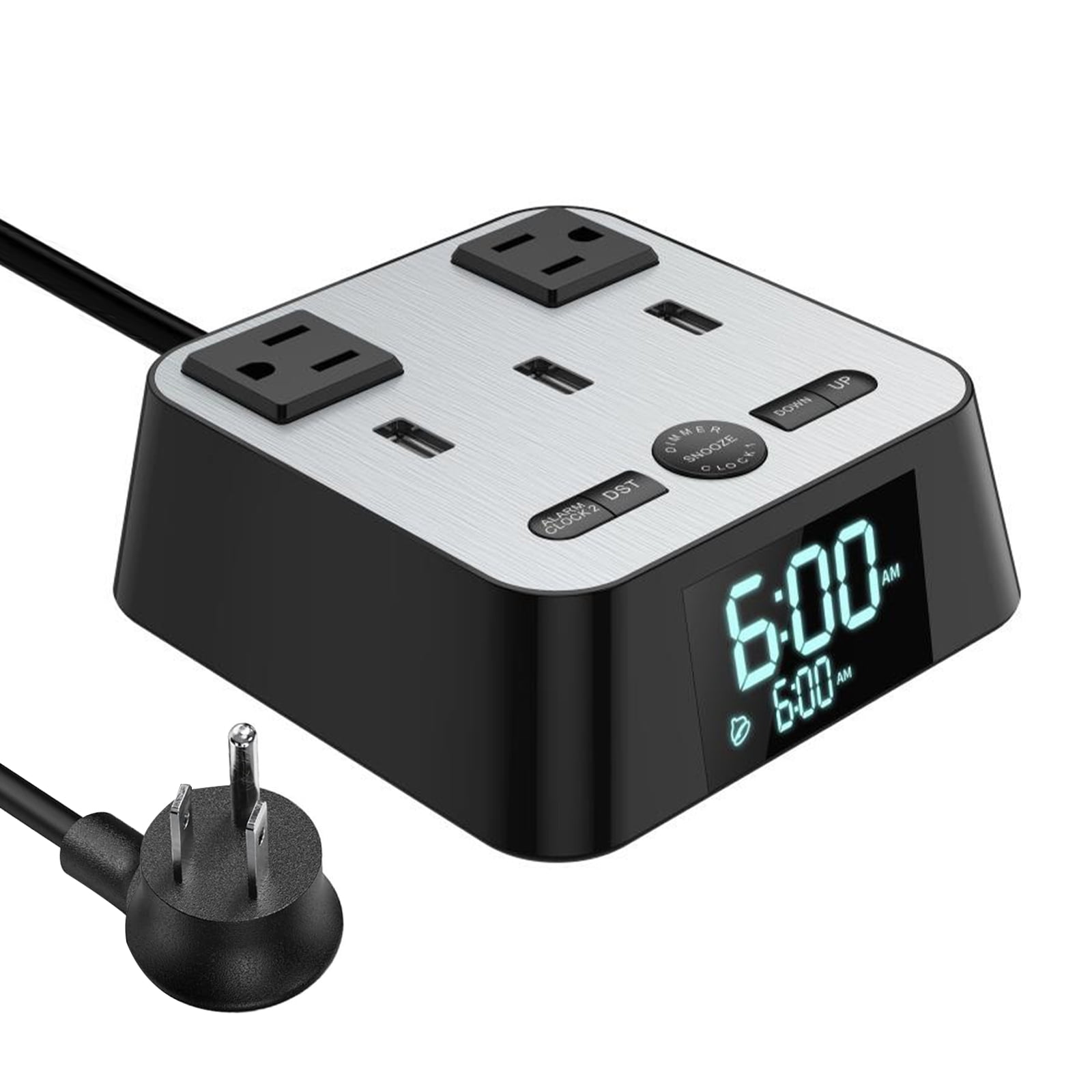 LCD Alarm Clock Power Strip Surge Protector Desk Charging Station With ...