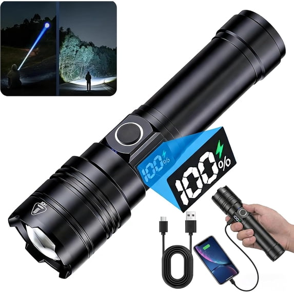 LCD Digital Display Rechargeable Flashlight, 5 Modes with USB Charge ...