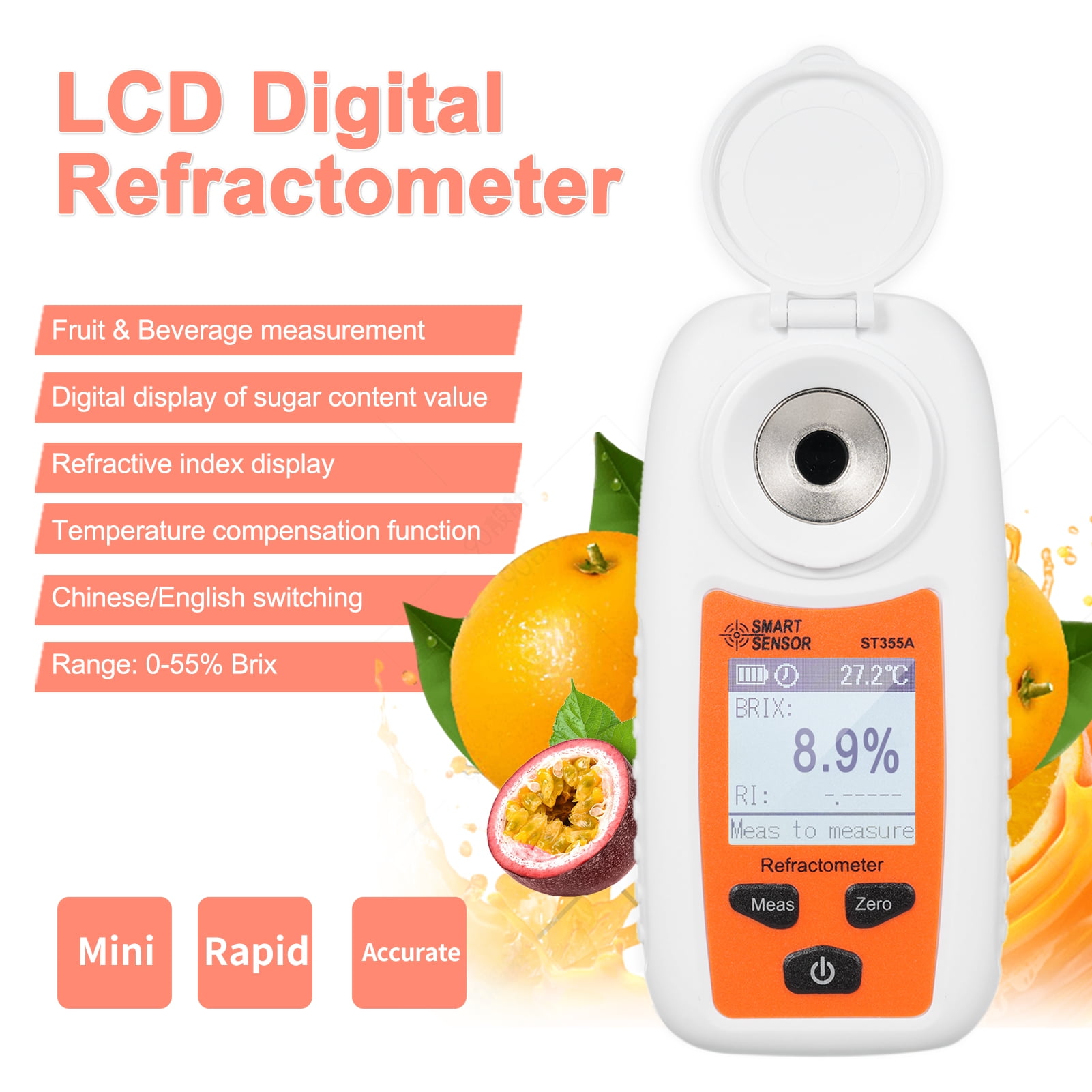LCD Digital Refractometer Brix Meter Sugar Content Measuring Instrument ...
