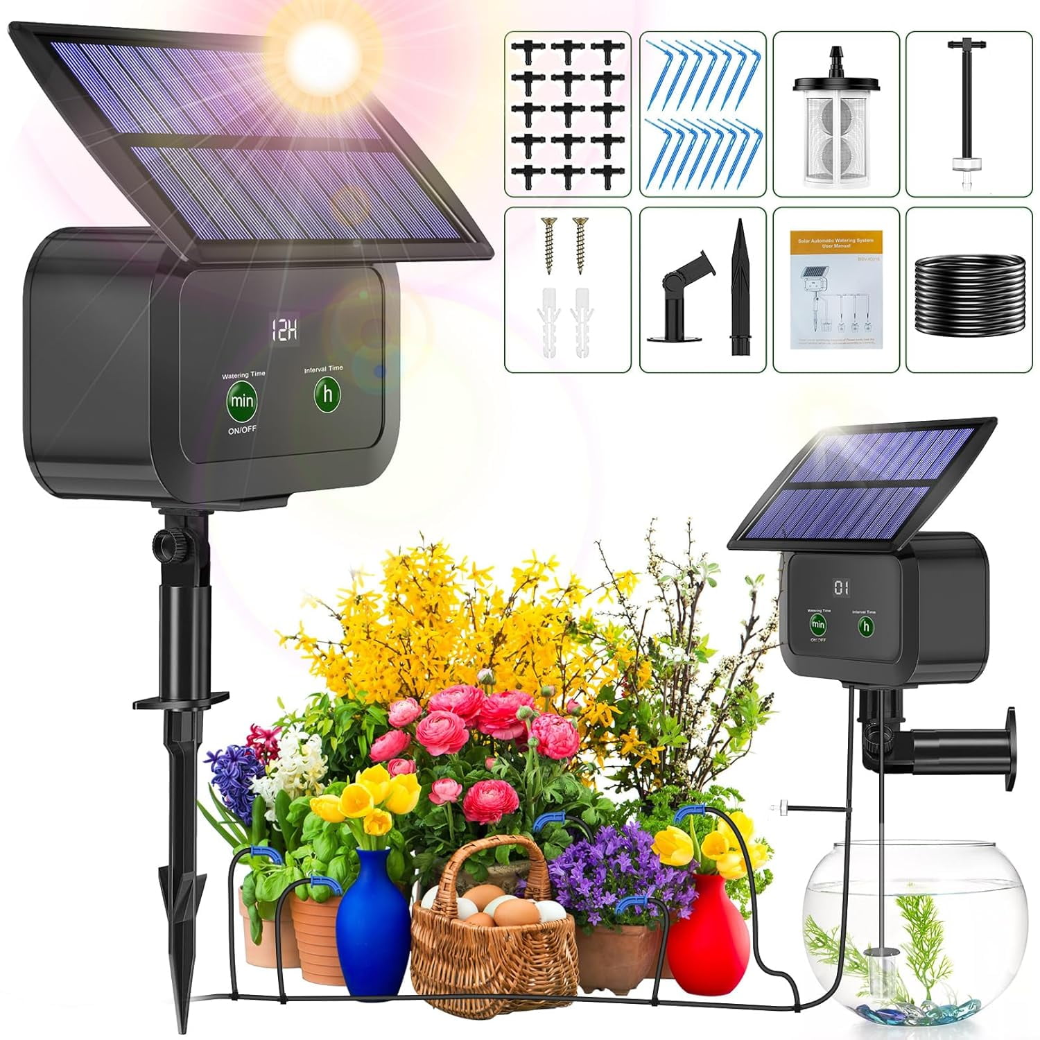 LCD Display Solar Drip Irrigation System Kit, 30 Working Modes & 10 ...