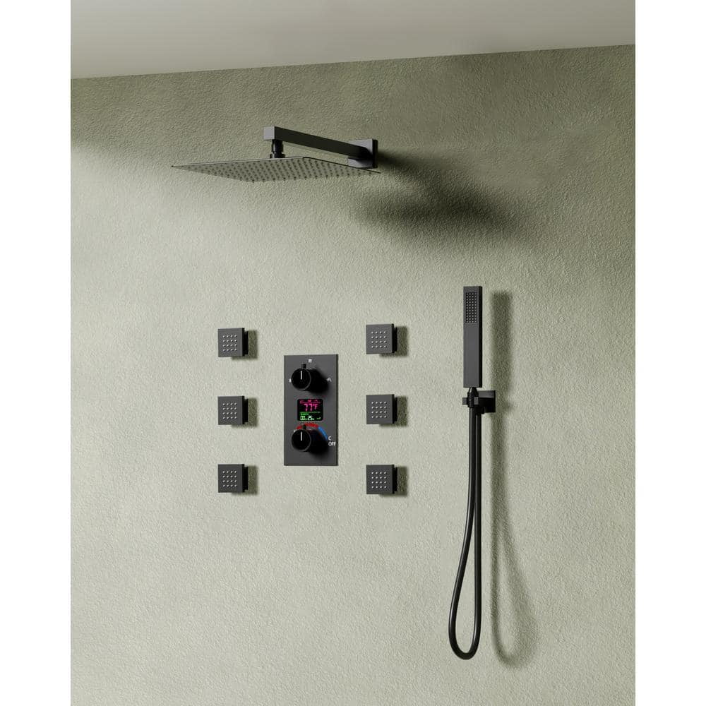 LCD Temp&Time Display 3-Spray 12 in. Black Wall Mount Shower System ... LCD Temp&Time Display 3-Spray 12 in. Black Wall Mount Shower System ...