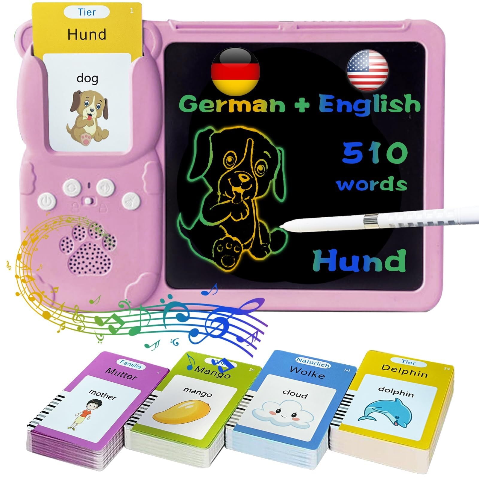LCD Writing Tablet for Kids 3-12 - Talking English German Flash Cards ...