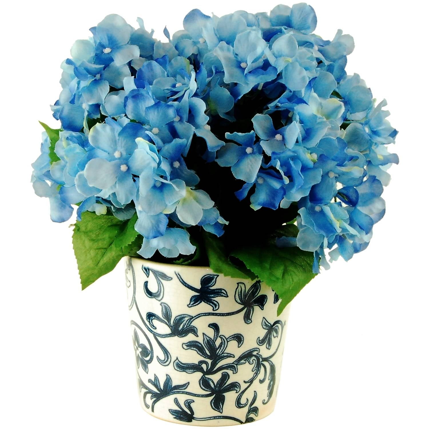 LCG Sales 14" Artificial Hydrangeas in a French Blue Ceramic Vase ...