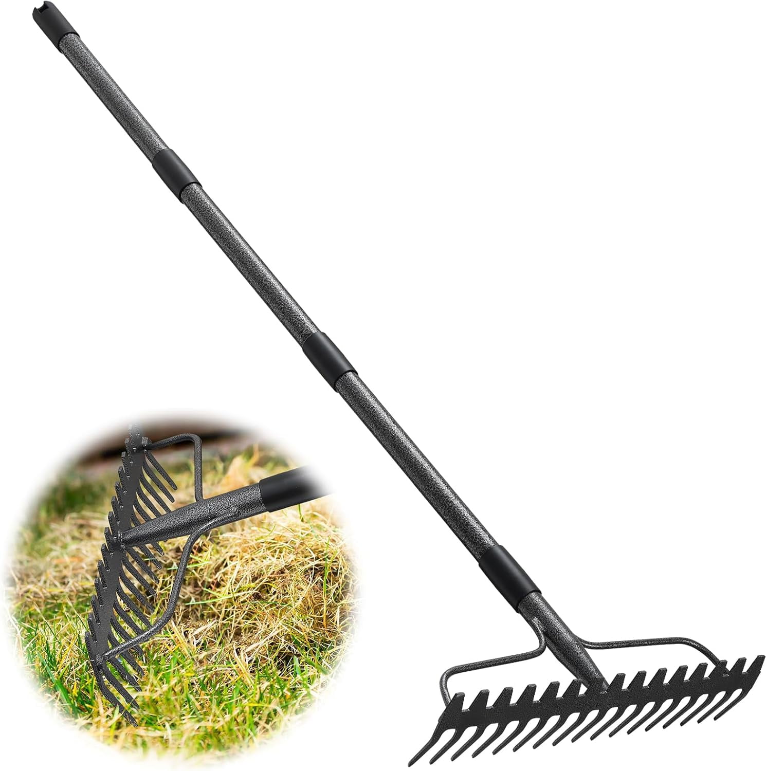 LCOKEIY 48" Bow Rake，17 Tines Metal Thatch Rake, Heavy Duty Garden Rake ...