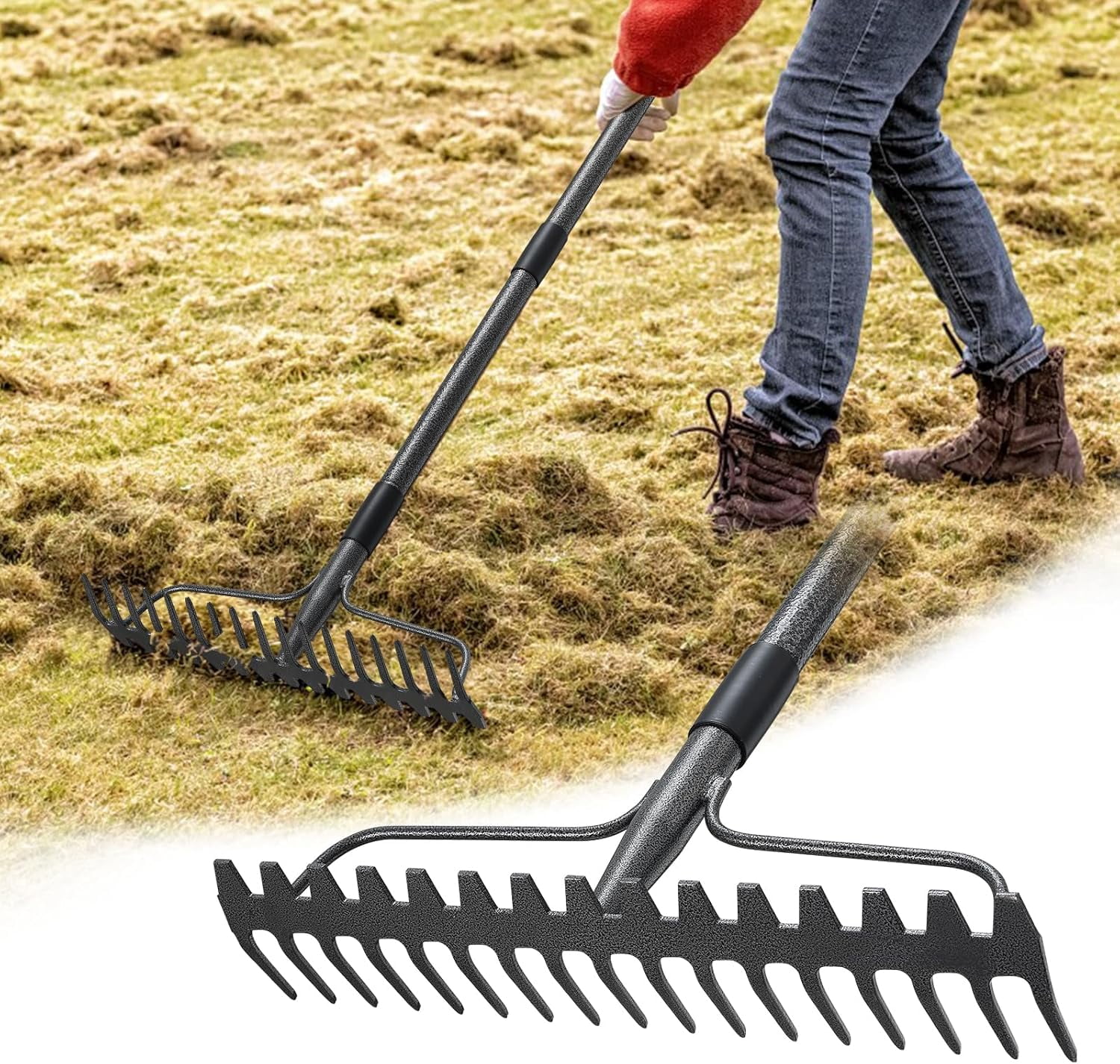 LCOKEIY Garden Rake for Leaves with 17 Tines, Heavy Duty Metal Thatch ...