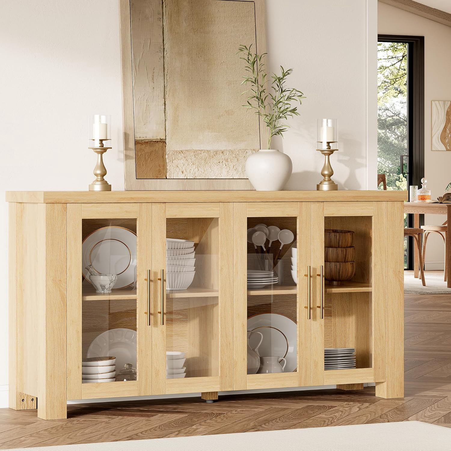 LCZY Modern 59" Buffet Cabinet with Tempered Glass Panel Doors ...