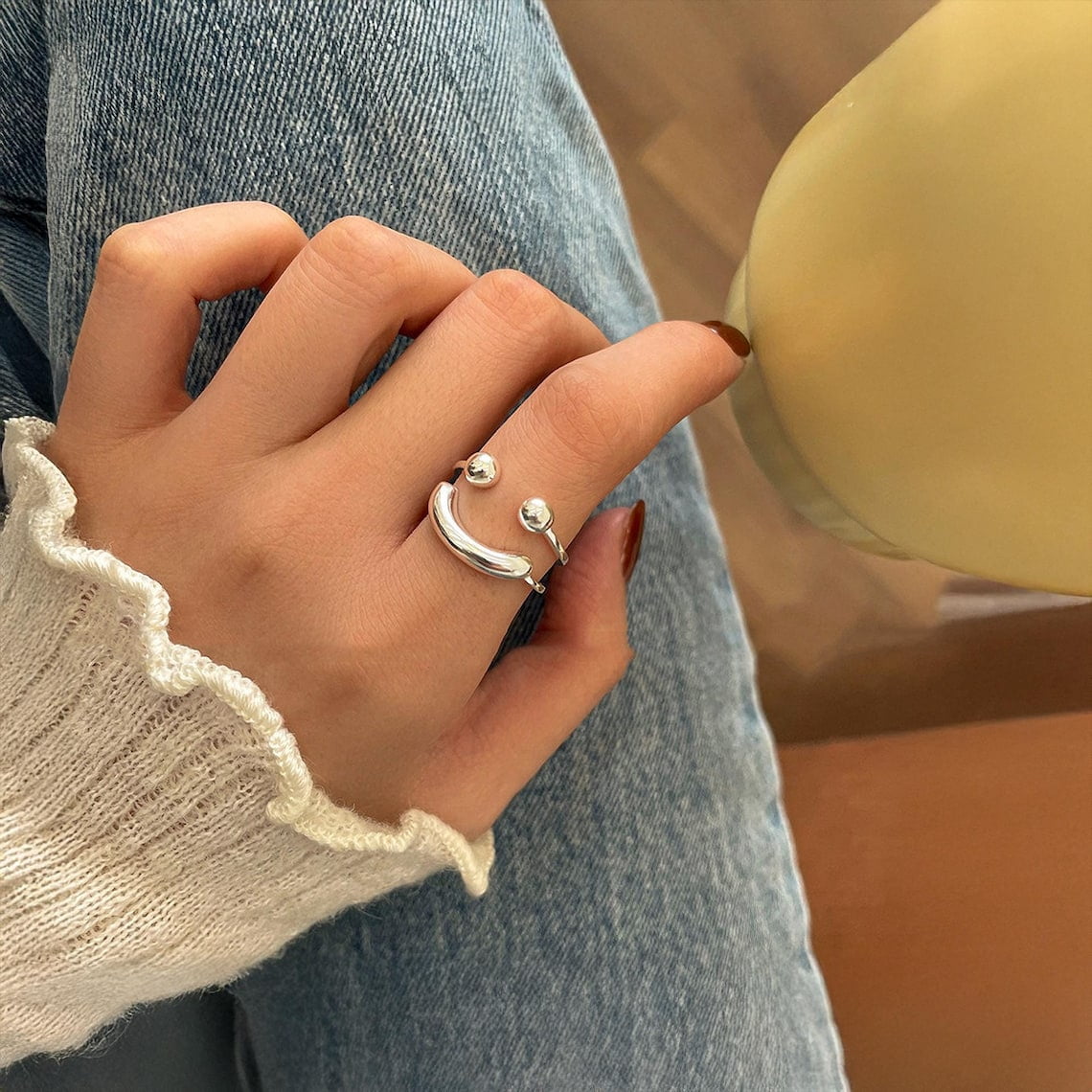 LD DESIGNS 925 Sterling Silver Cute Ring | Adjustable Smile Silver Ring | Statement Silver Ring ...