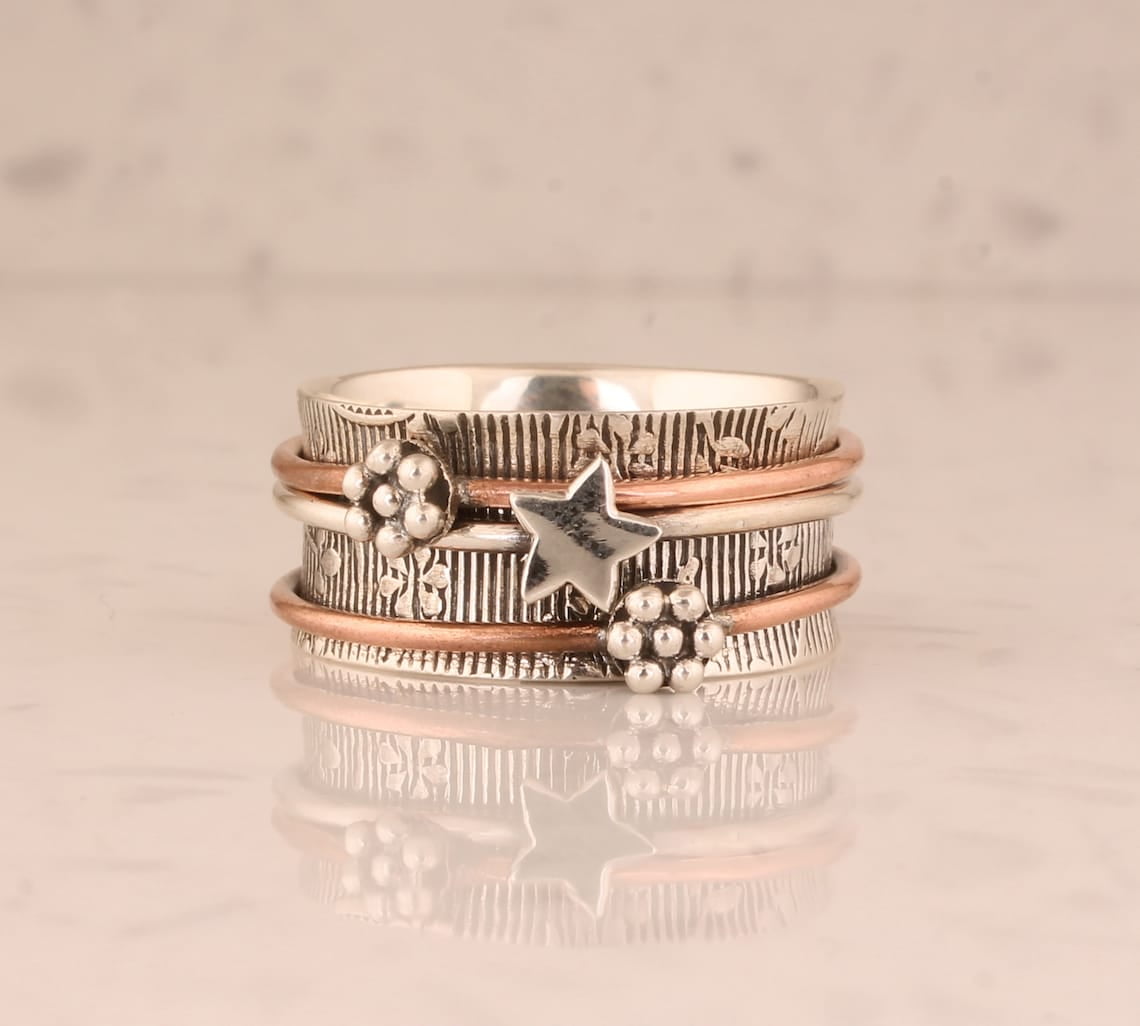 LD DESIGNS Flower & Star 925 Sterling Silver Spinner Ring – Handmade Three-Tone Textured Band ...