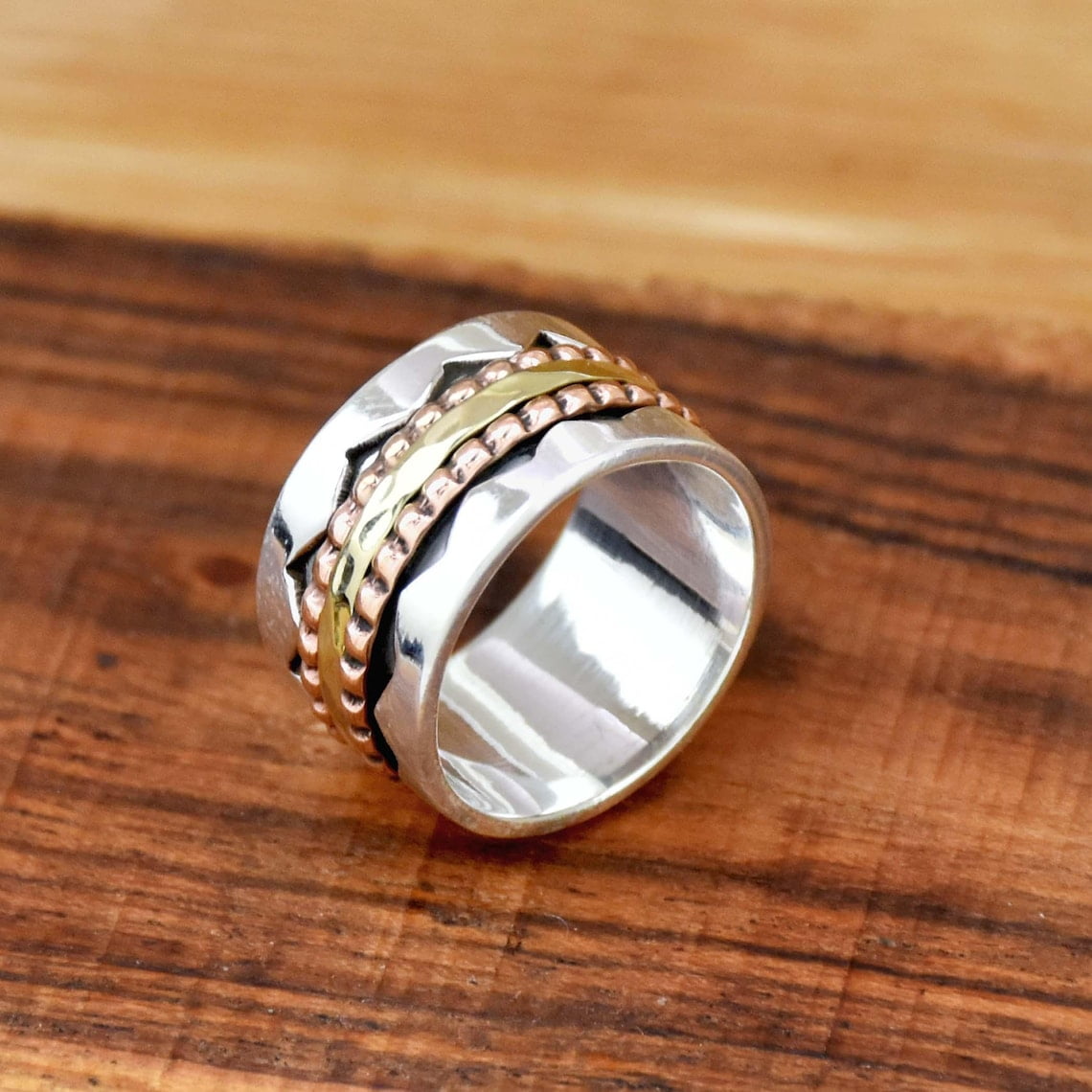 LD DESIGNS Spinner Ring, 925 Sterling Silver, Two Tone Ring, Beaded ...