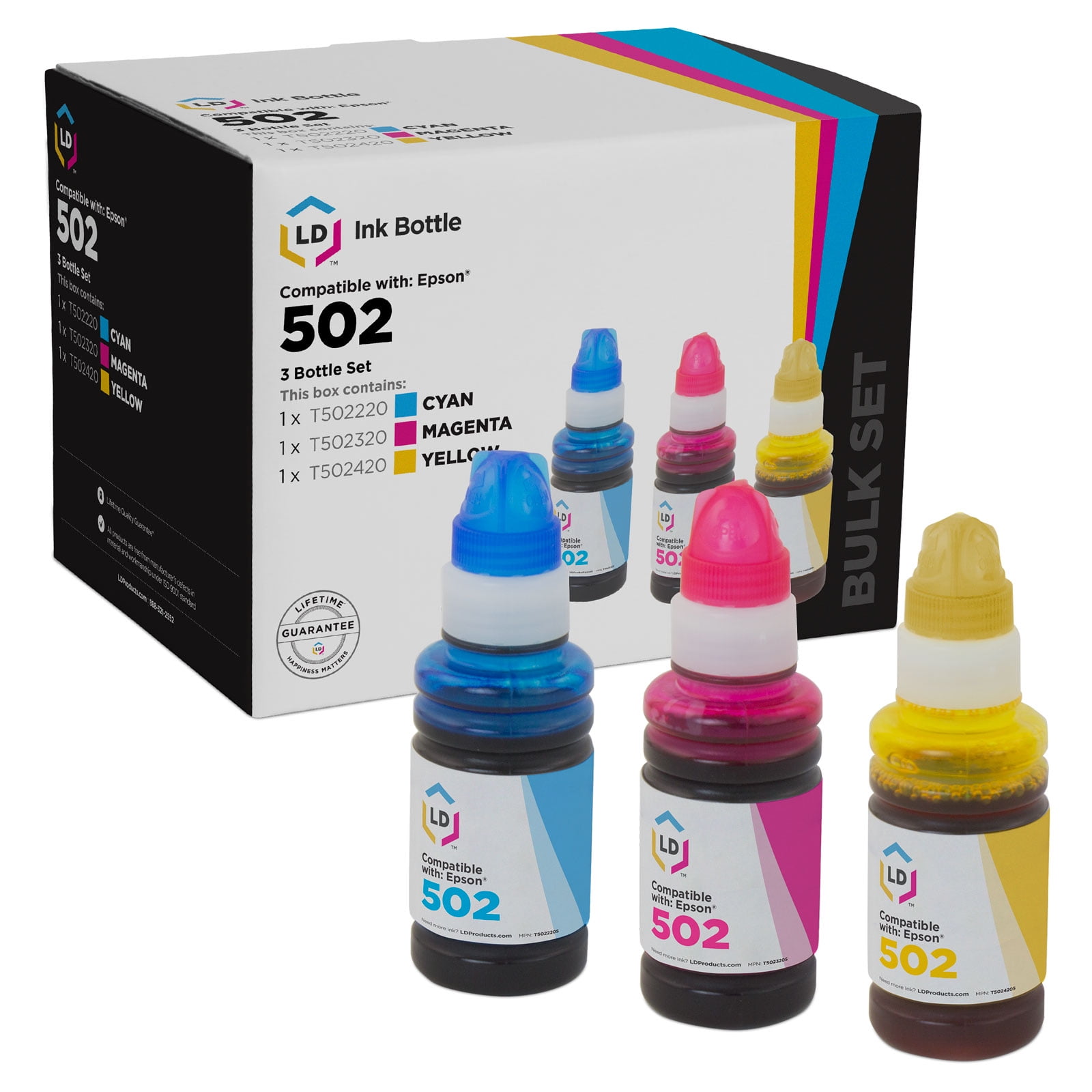 LD Ink Bottle Replacement for Epson 502 (Cyan, Magenta, Yellow, 3-Set ...