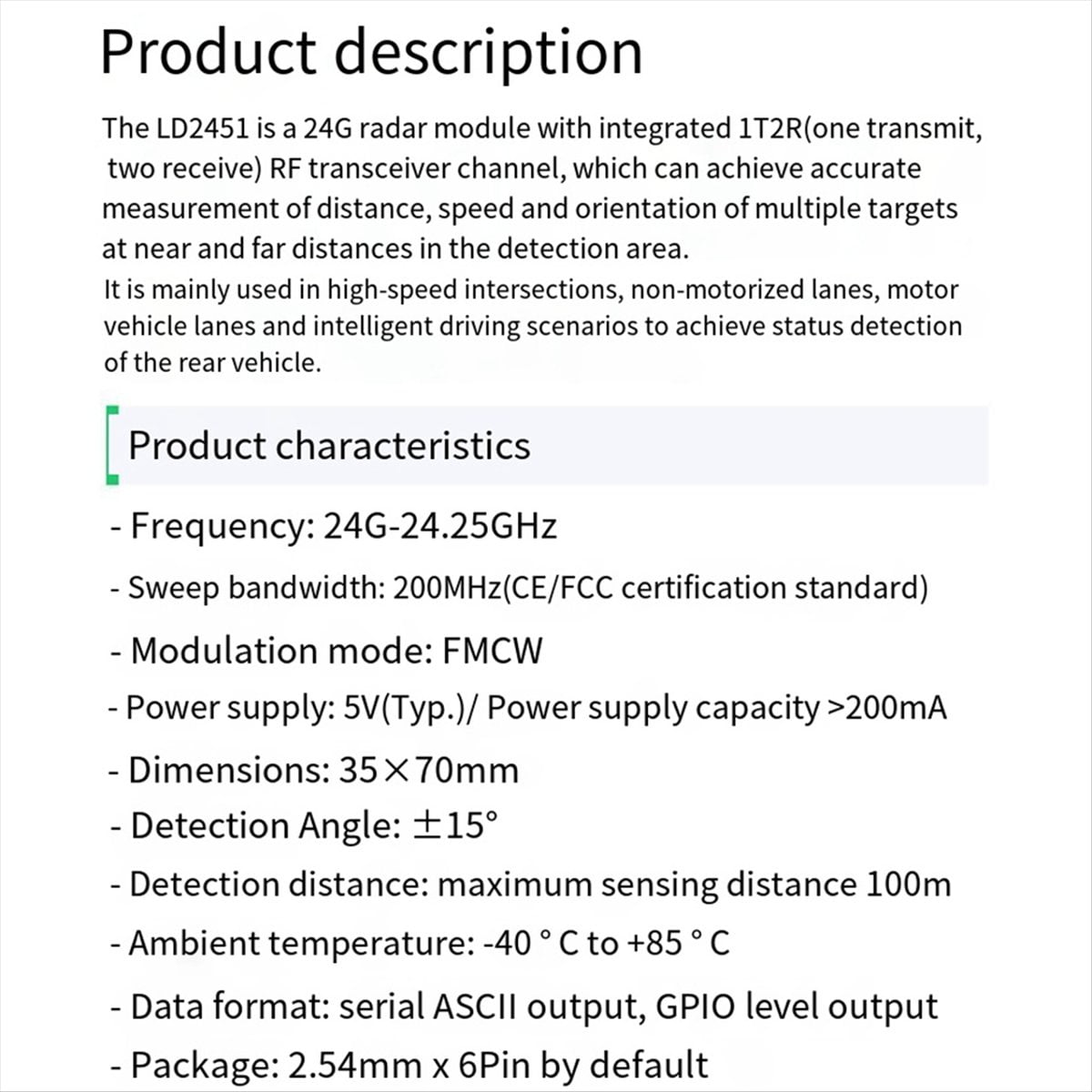 LD2451 24G Vehicle Ranging Speed Measurement Millimeter Wave Radar ...