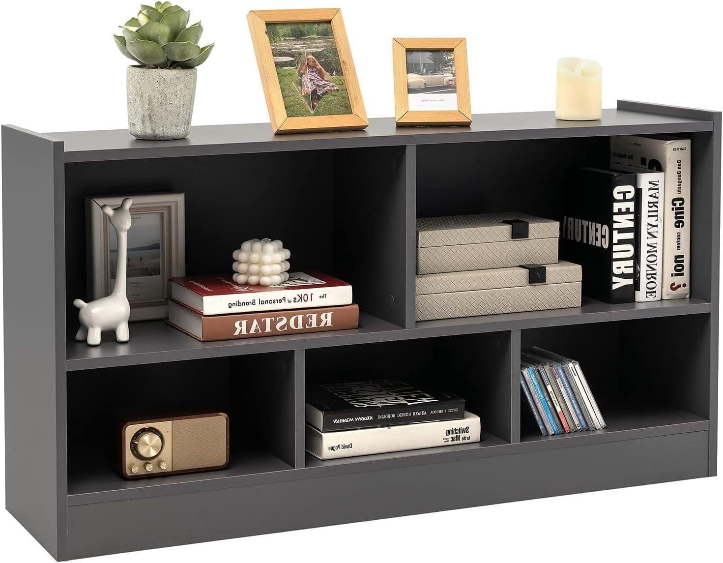 LDAILY 2-Tier 5 Cube Storage Organizer, Wooden Low Bookshelf with ...