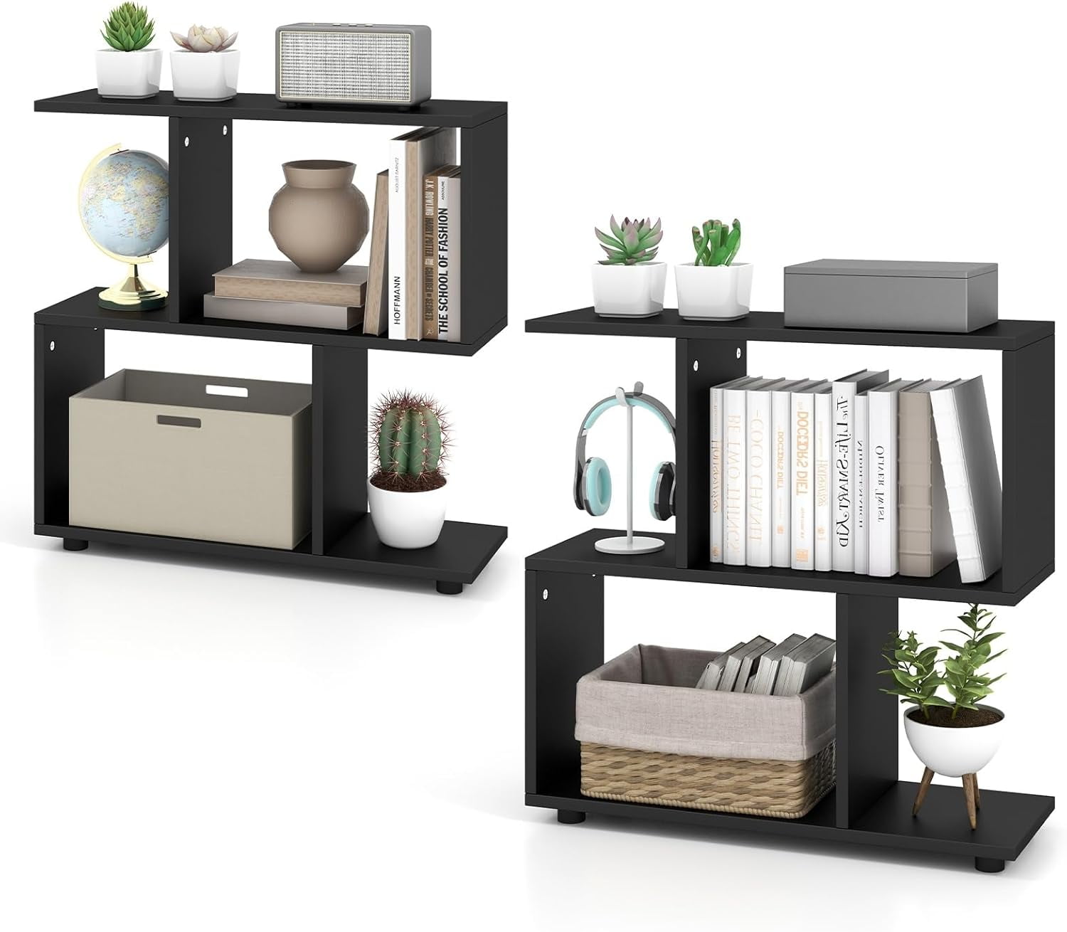 LDAILY 3-Tier Geometric Bookshelf, 24” S-Shaped Storage Bookshelf for ...