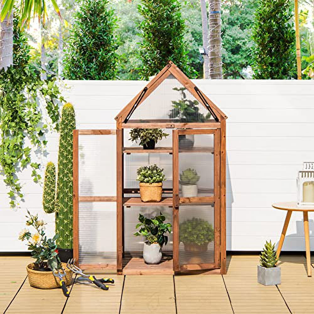 LDAILY Cold Frame Greenhouse, Wooden Raised Flower Planter Shelf w ...