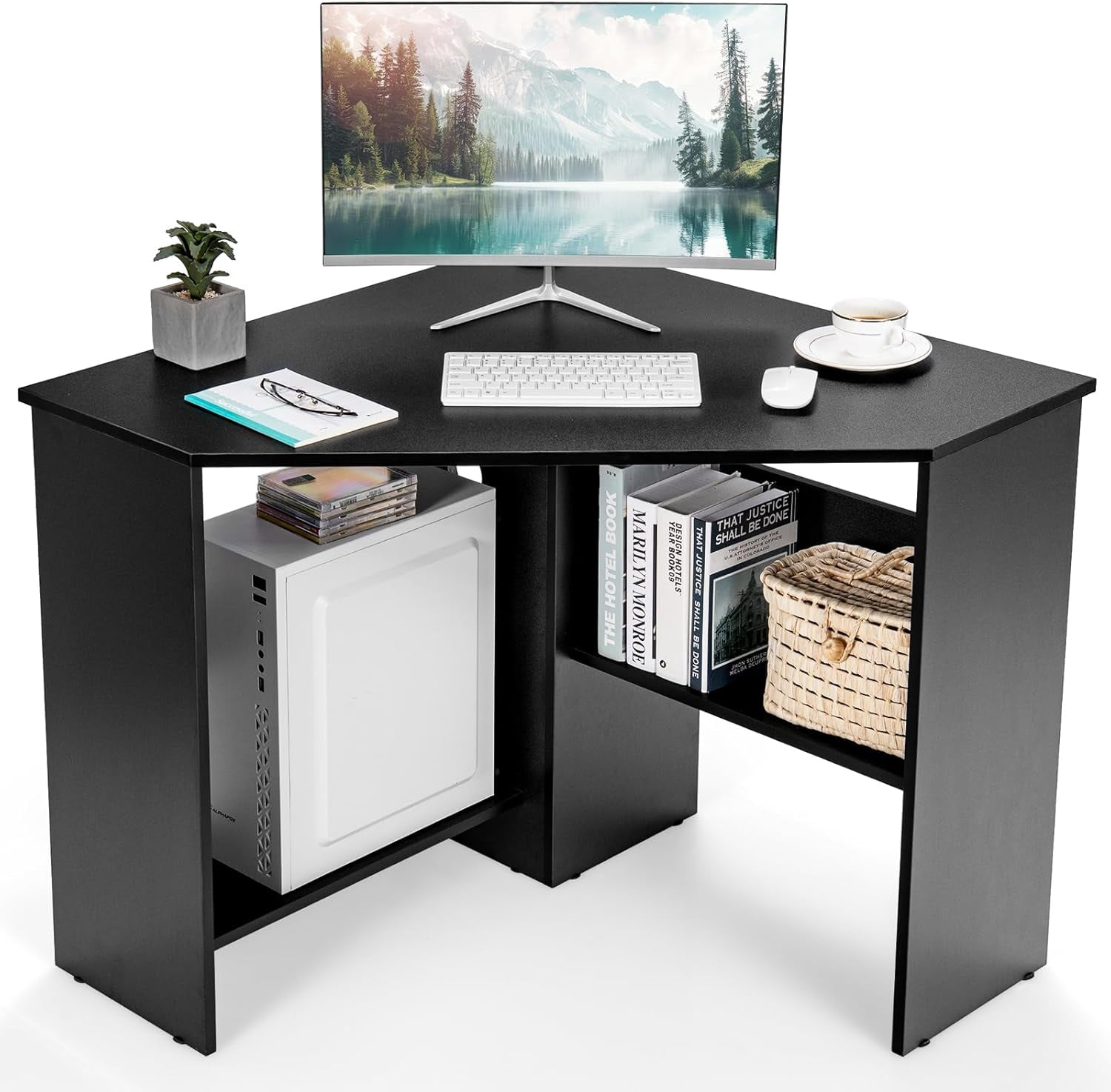 LDAILY Corner Desk With Storage Shelves & Cable Holes - Space-Saving ...