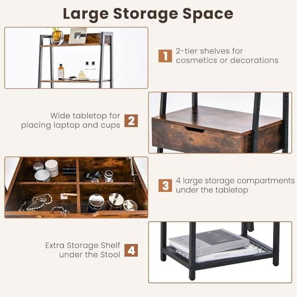 LDAILY Industrial Vanity with Flip Top Mirror, 3 in 1 Vanity Desk with ...