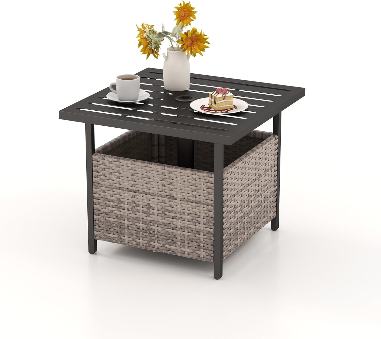 LDAILY Patio Table with Umbrella Hole, 22" D x 22" W PE Rattan Wicker ...