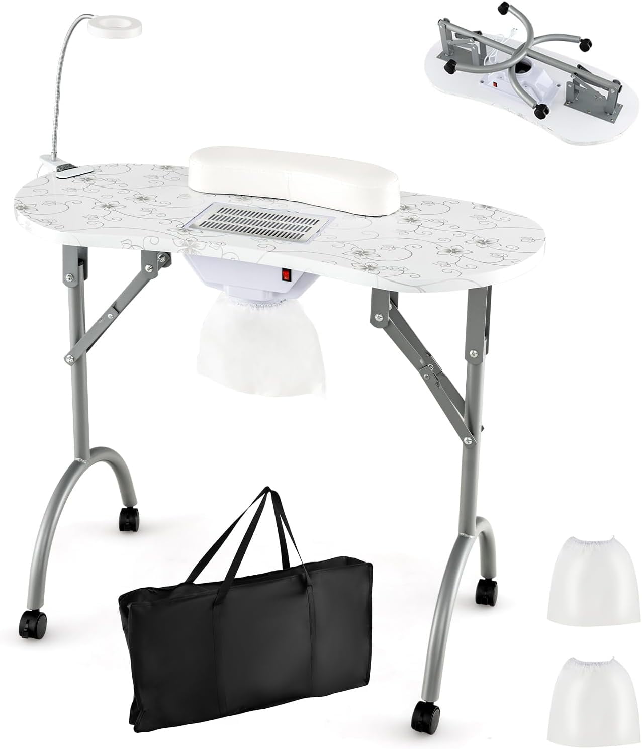 LDAILY Portable Nail Table, Foldable Nail Technician Desk w/Electric ...