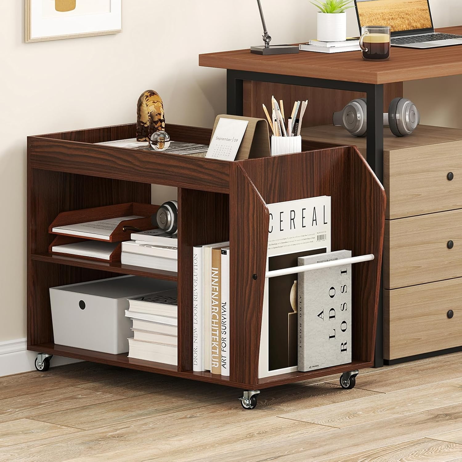 LDAILY Rolling End Table, 3-Tier Mobile Side Table with 4 Wheels, 3 ...