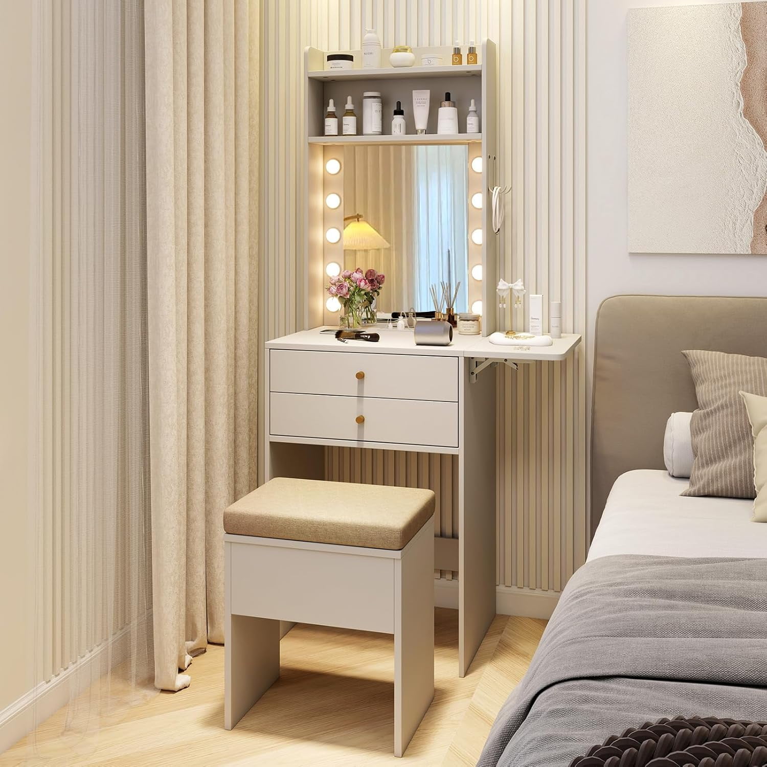 LDAILY Small Vanity Desk with Mirror and Lights, Modern Slim Dressing ...