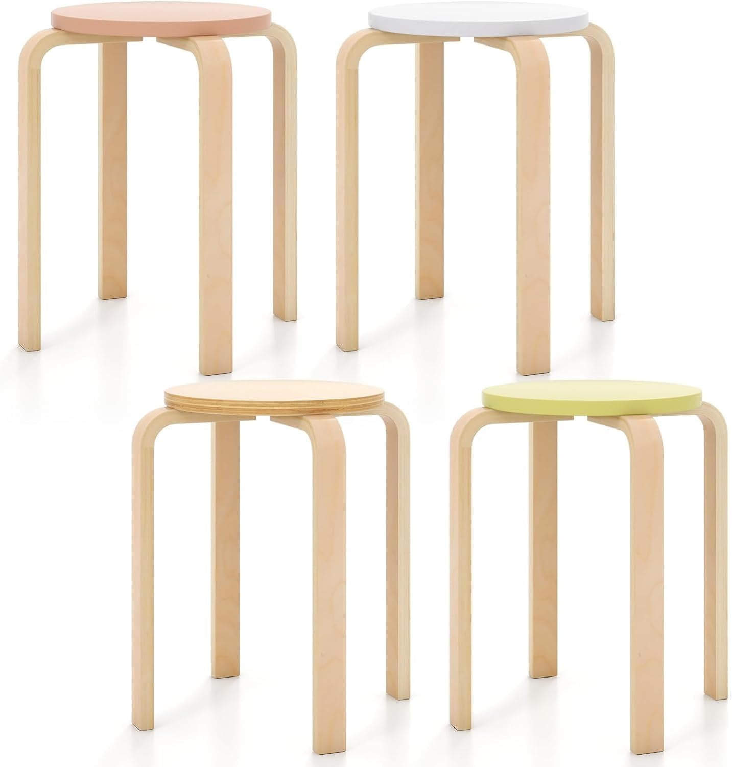 LDAILY Stackable Stools Set of 4, Round Wooden Stools 18 Inches with ...