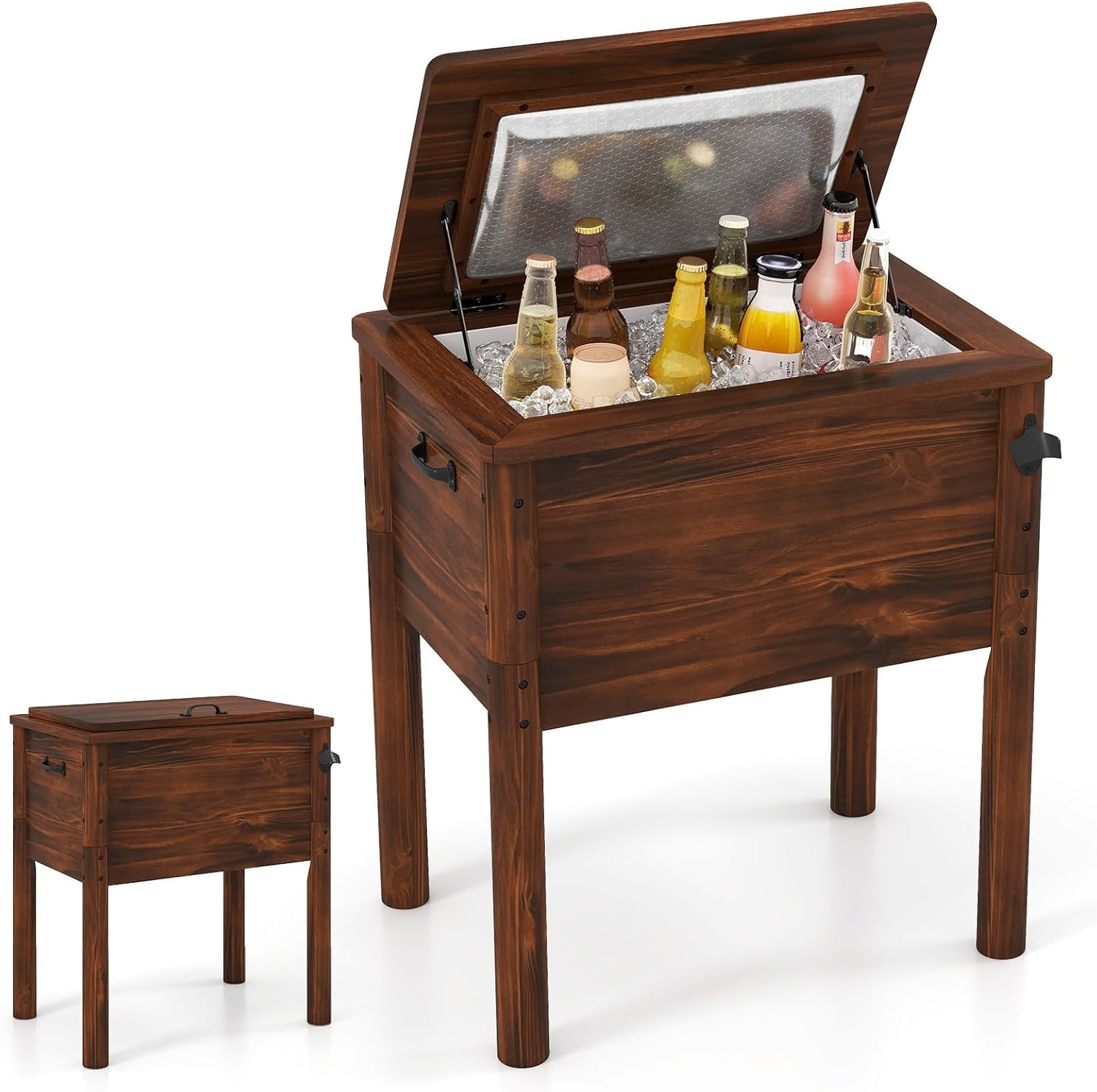 LDAILY Wooden Patio Cooler, 54-Quart Outdoor Beverage Ice Chest with 3 ...