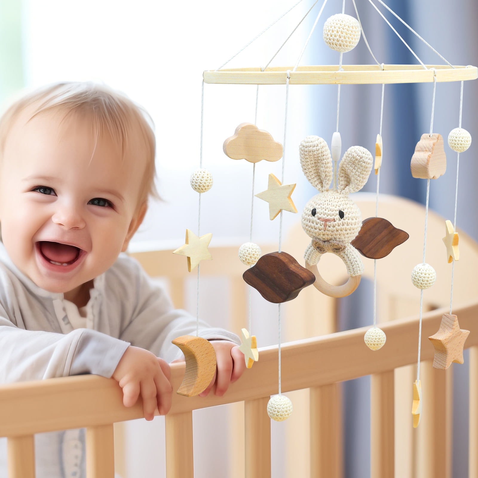 LDKJ Baby Crib Mobile Wooden Hanging Bed Bell Cute Rabbit Animals Wood ...