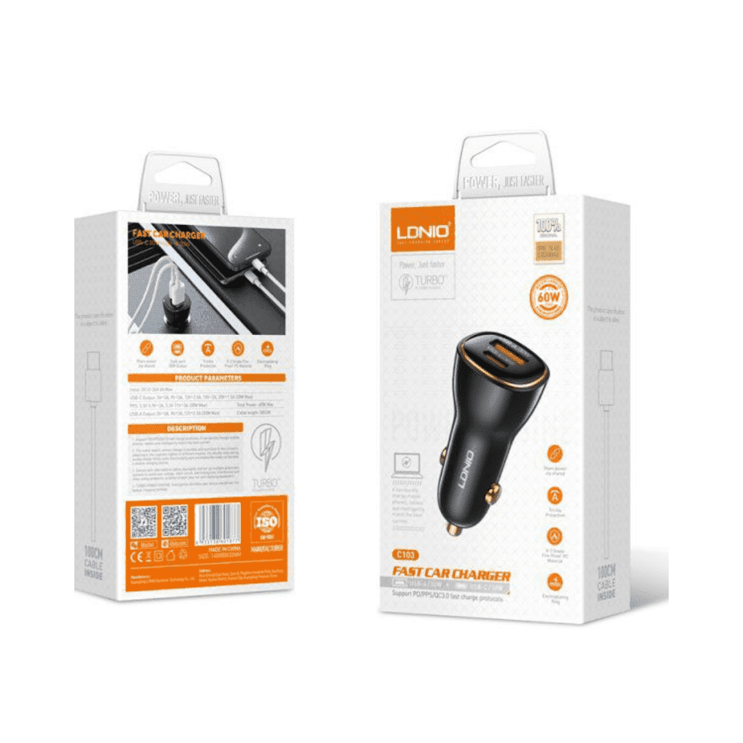 LDNIO C103 2-Port PD & QC3.0 Car Charger with 3ft USB-C to USB-C Cable ...