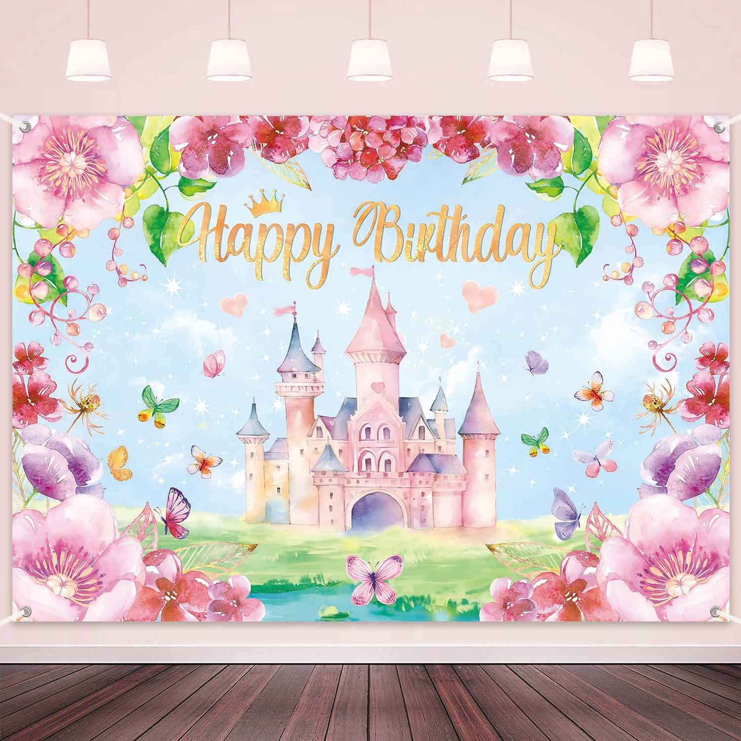 LDWLYW Princess Birthday Backdrop for Girls Pink Princess Castle Happy ...