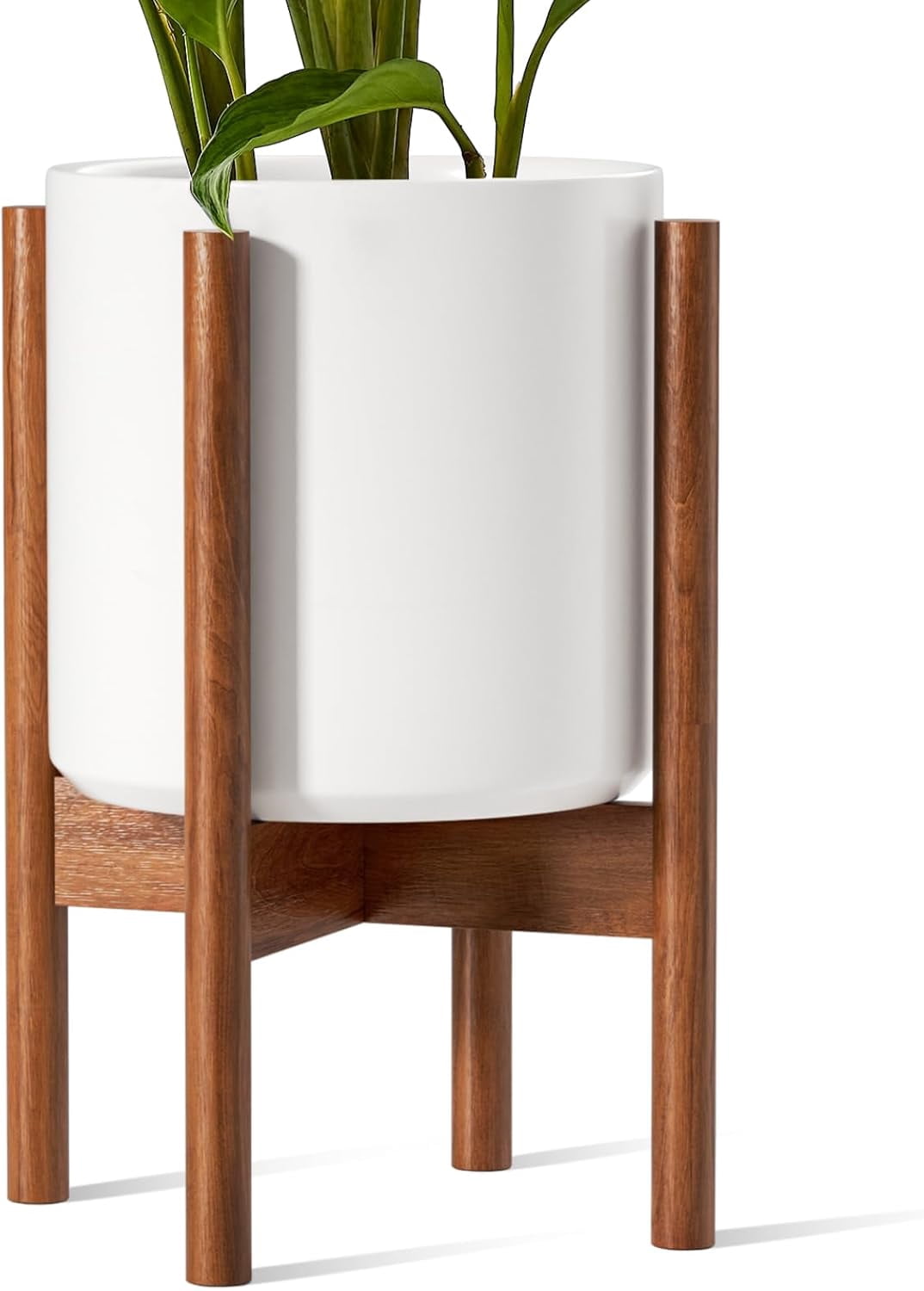 LE 12 Inch Plant Pot with Acacia Wood Stand, Large Ceramic Planter for ...
