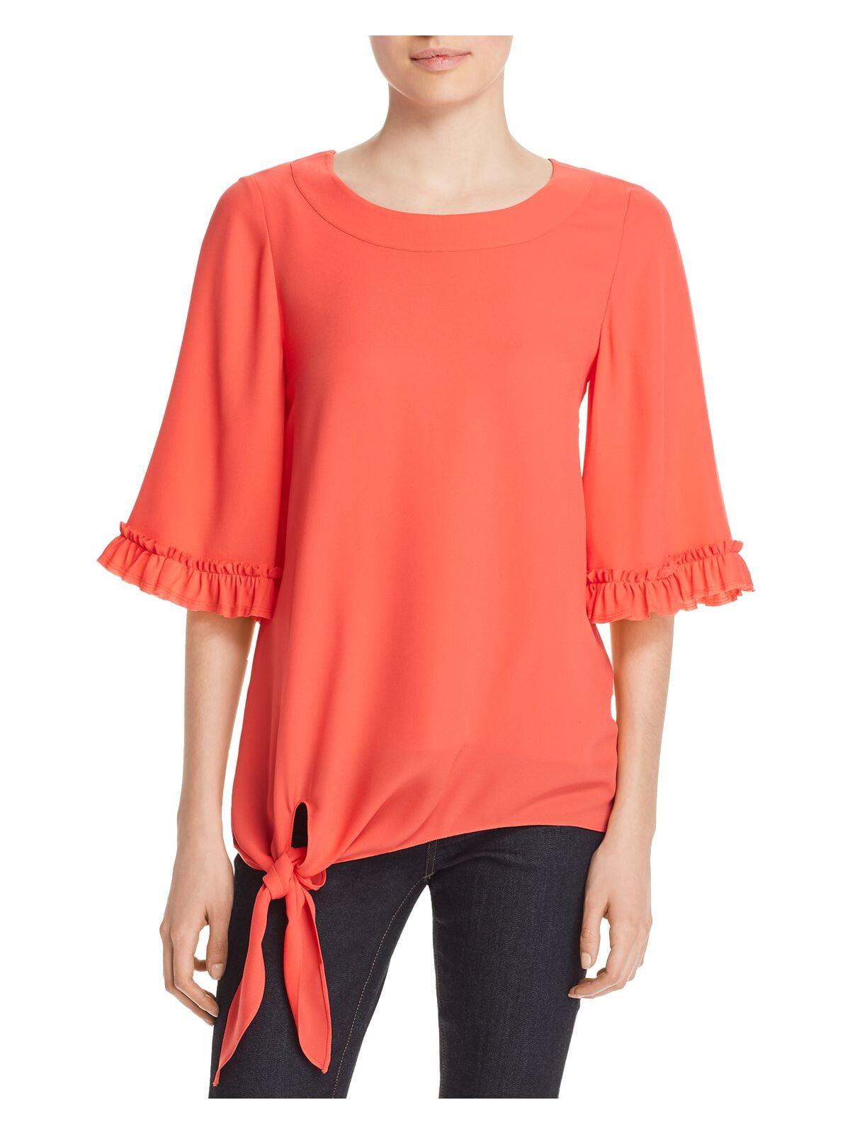 LE GALI Womens Red Ruffled Tie Front Kimono Sleeve Jewel Neck Top XS ...