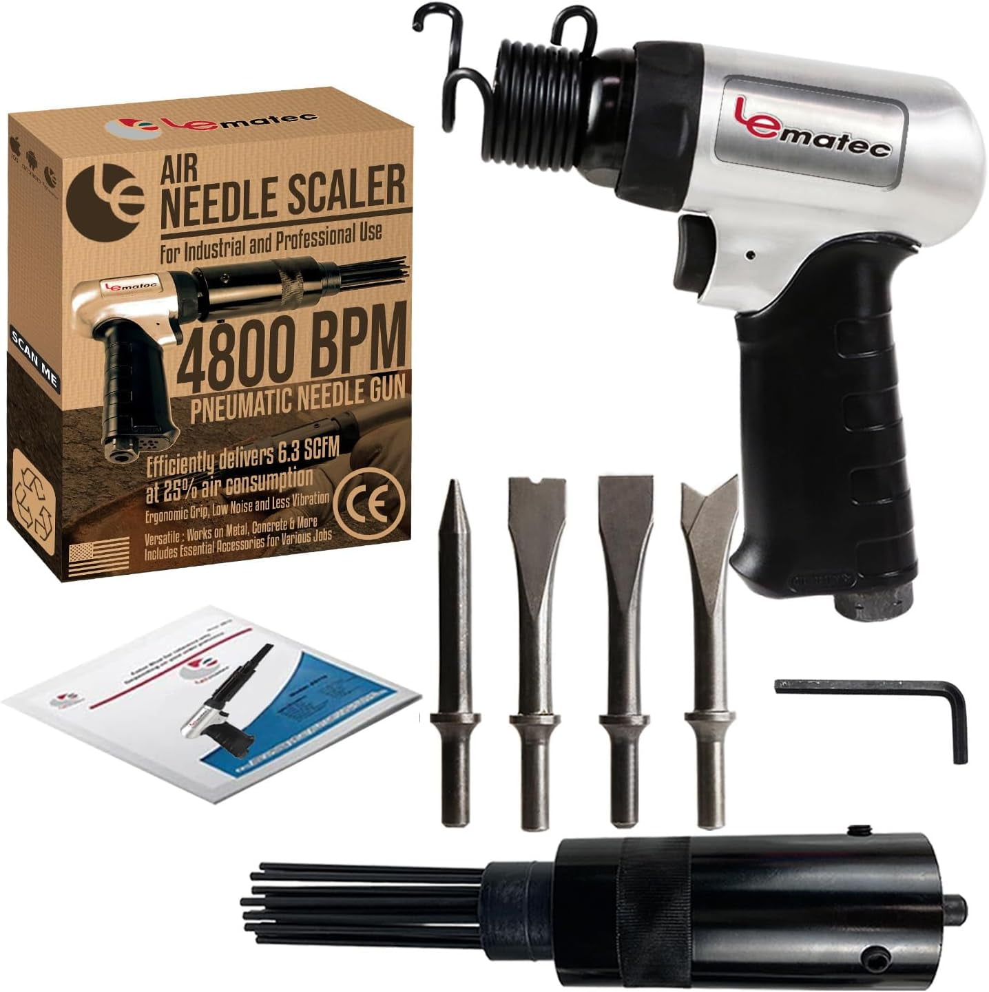LE LEMATEC Air Needle Scaler with Hammer Chisel Kit, 4800 BPM Pneumatic ...