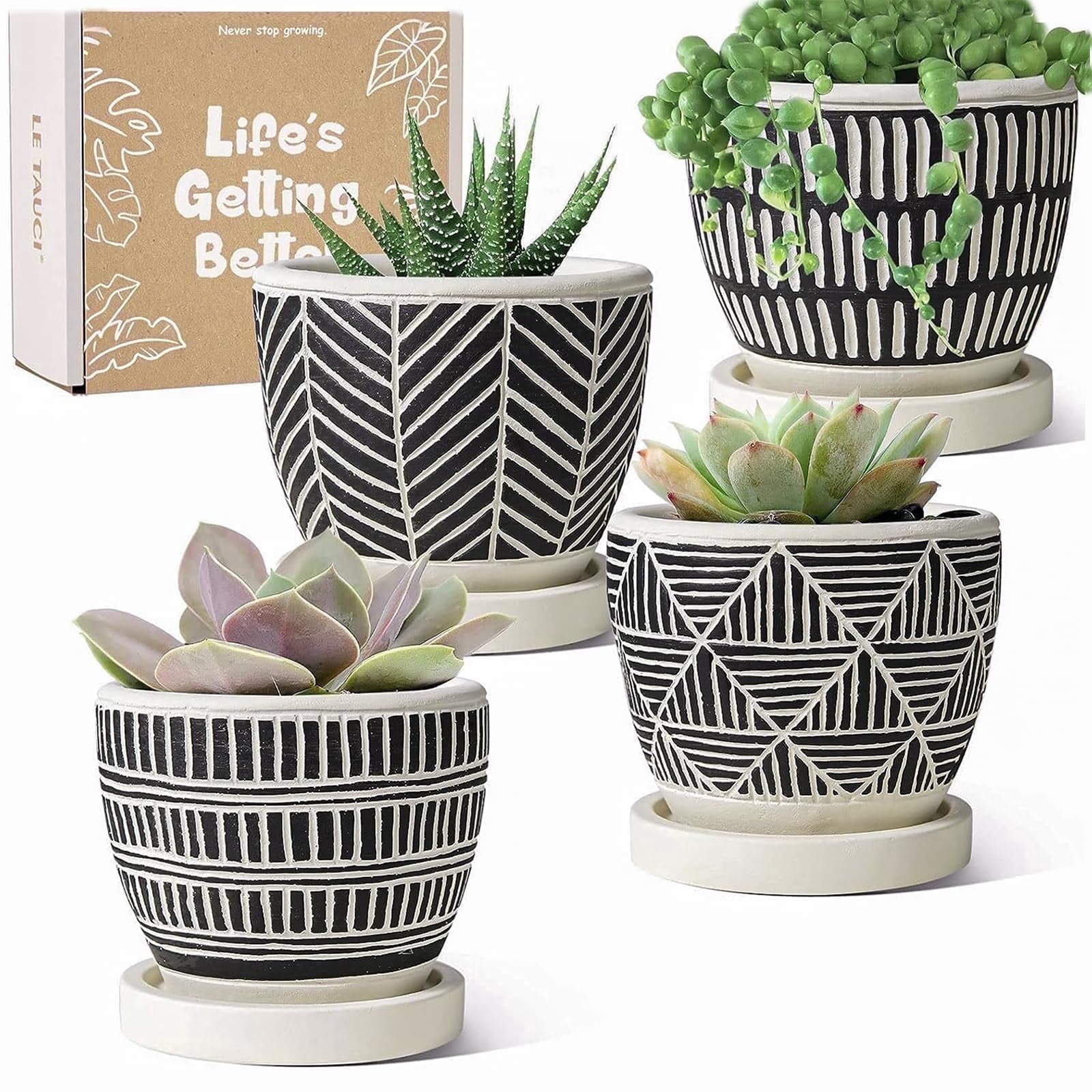 LE TAUCI Set of 4 Plant Pots with Drainage Hole & Saucer,3.5" Indoor ...