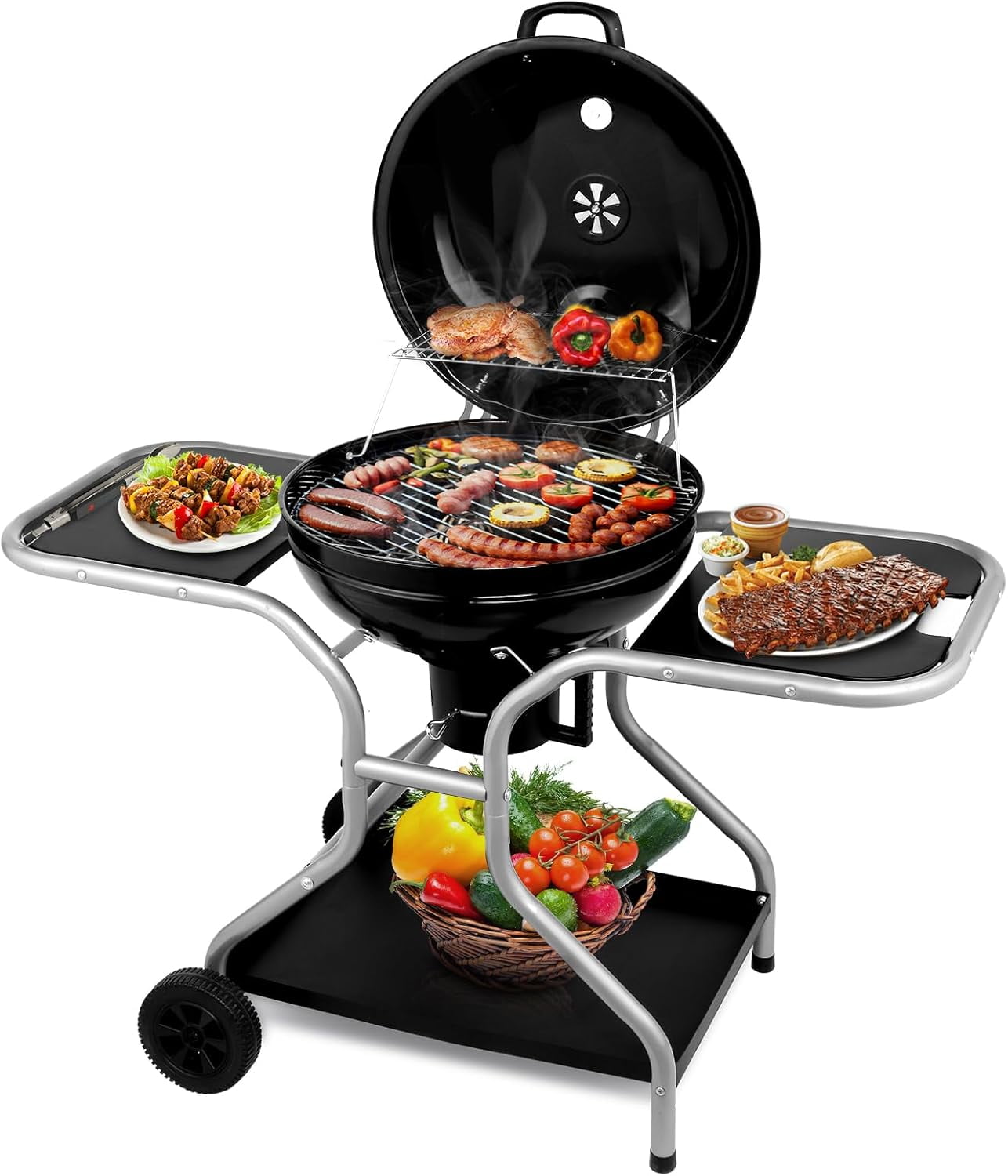 LEADZM 22.5 inch Kettle Charcoal Grill with Side Table&Ash Catcher ...