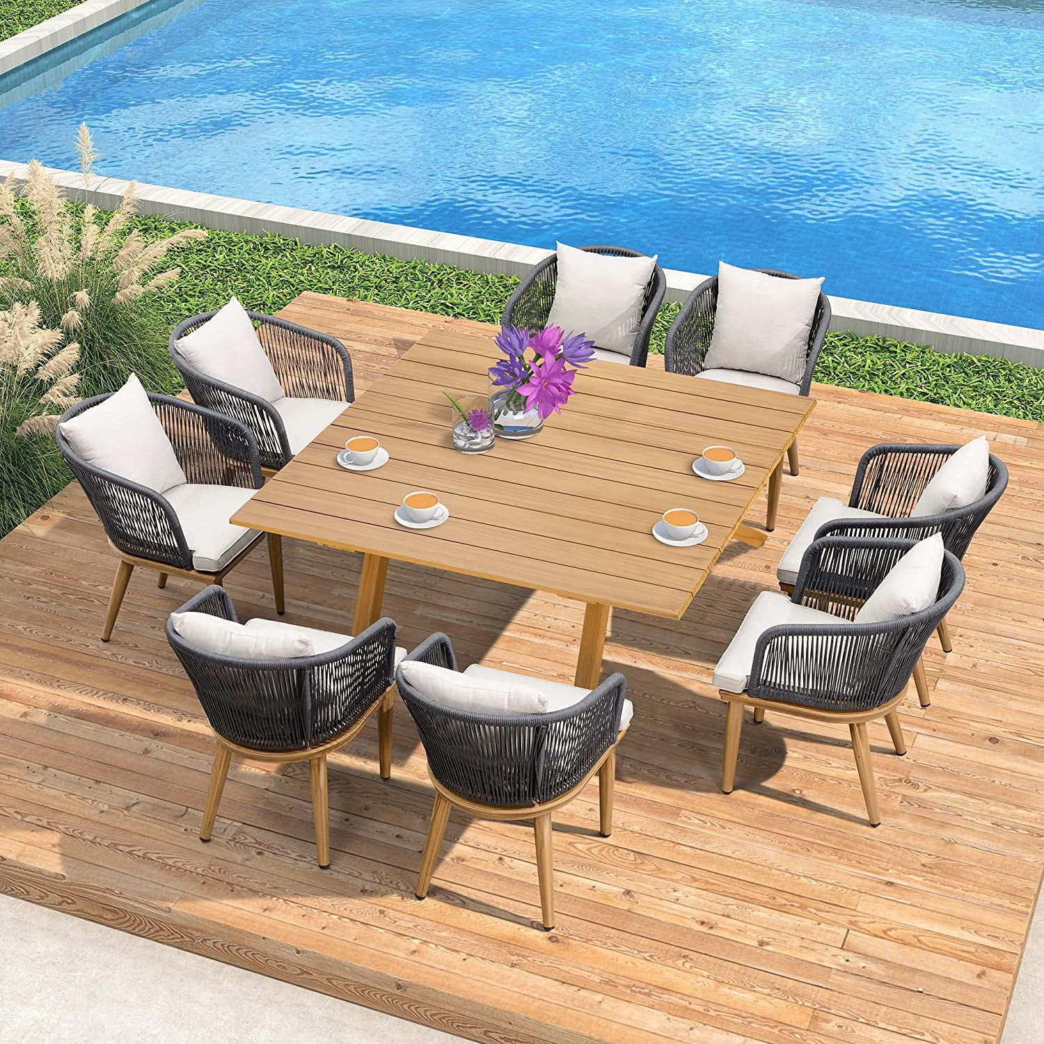LEAF 11 Pieces Patio Dining Set Wicker Outdoor Furniture Rectangular Table and Chairs Set for ...