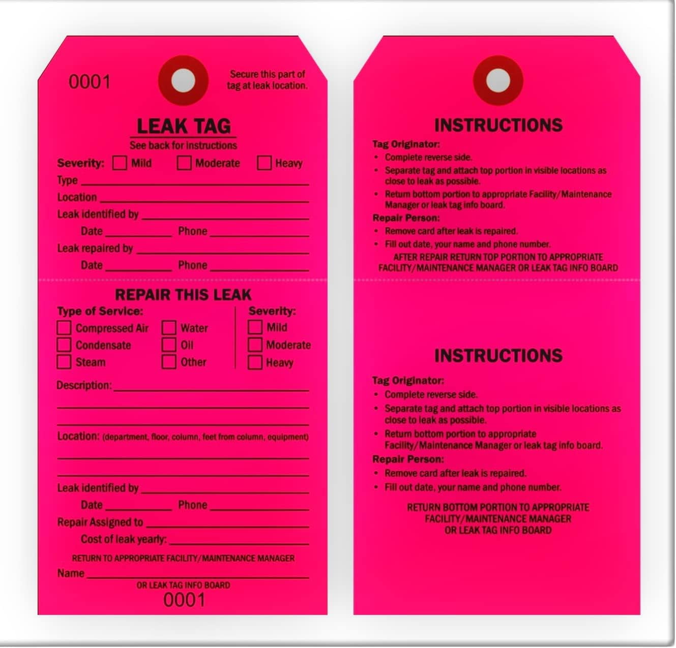 LEAK TAG, 2-Part Numbered Record, 2-7/8" x 5-3/4", Instructions on Back ...