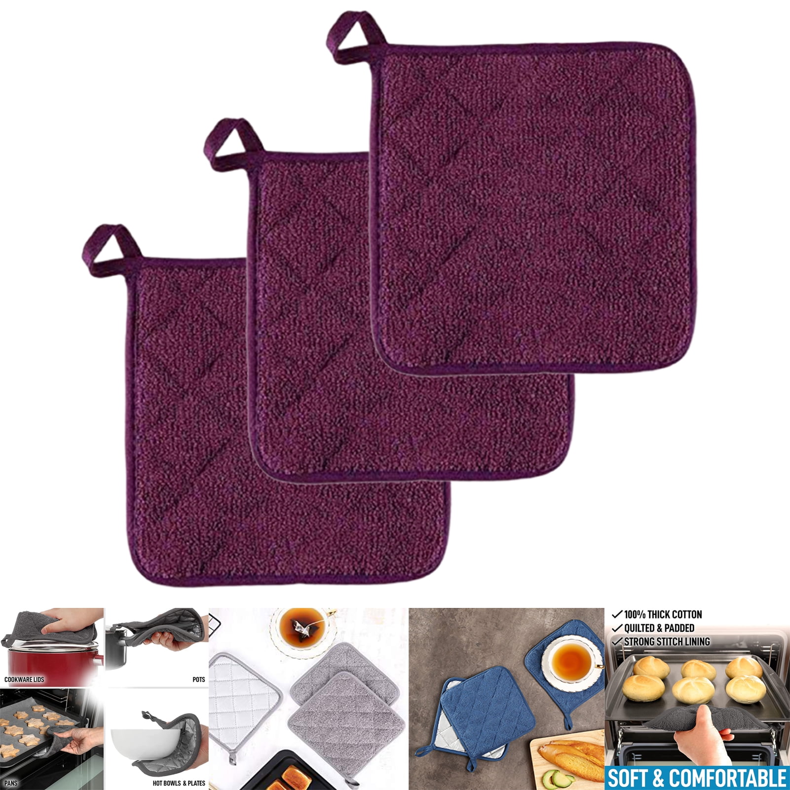 LEAQU 7"x7" Heat Resistant Cotton Pot Holders Set, Padded Terry Cloth ...