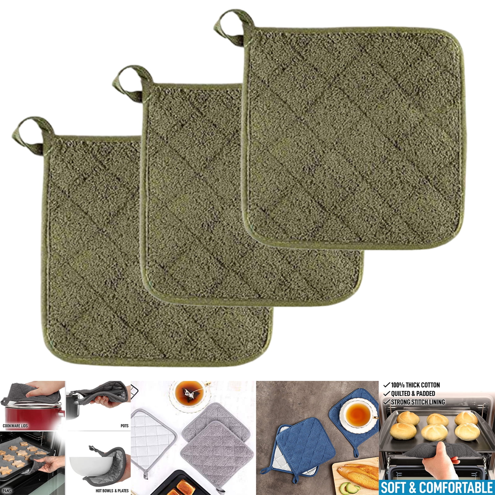 LEAQU 3Pcs Heat Resistant Cotton Kitchen Pot Holders, 7"x7" Hot Pot ...