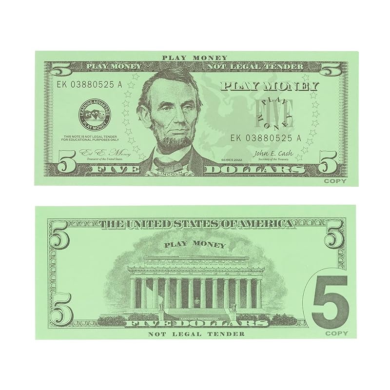 LEARNING ADVANTAGE Five Dollar Play Bills - Set of 100 $5 Paper Bills ...