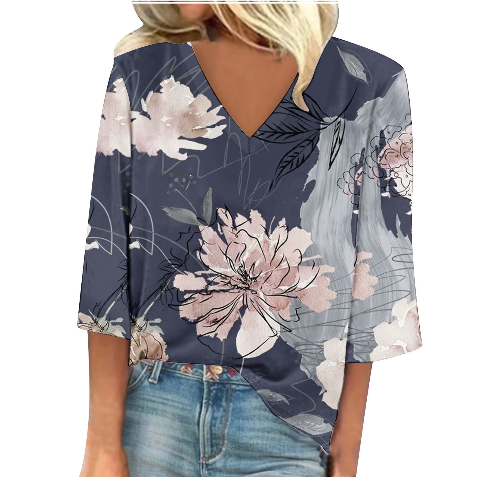 LEAVINGSUO Long Blouses for Women Women's Fashion V-Neck Three Quarter ...