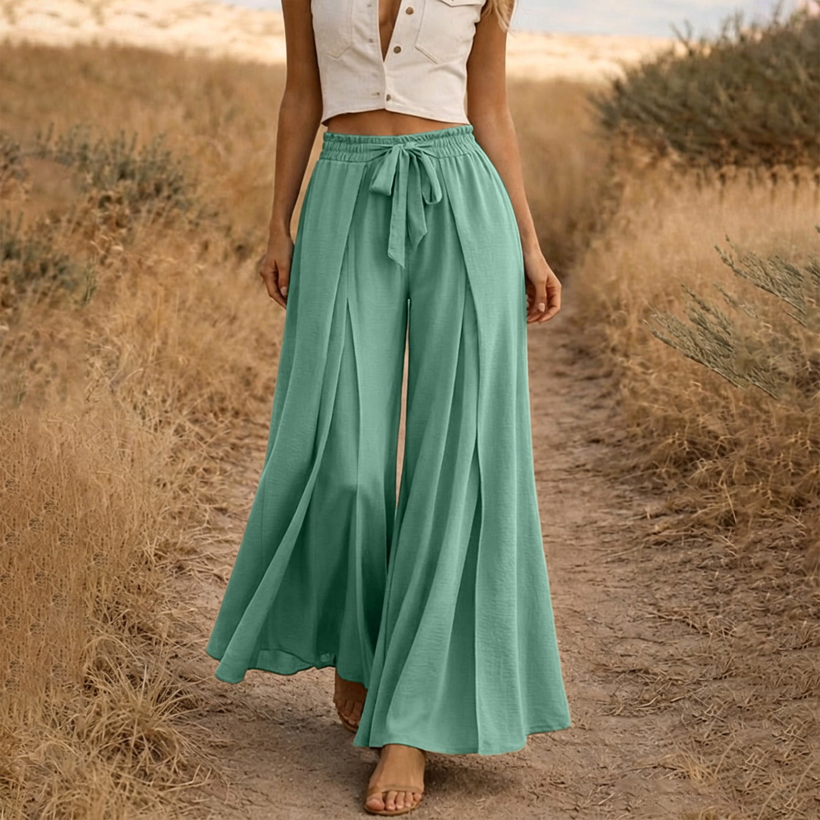 LEAVINGSUO Womens Wide Leg Pants Plus Size Solid Color High Waist ...