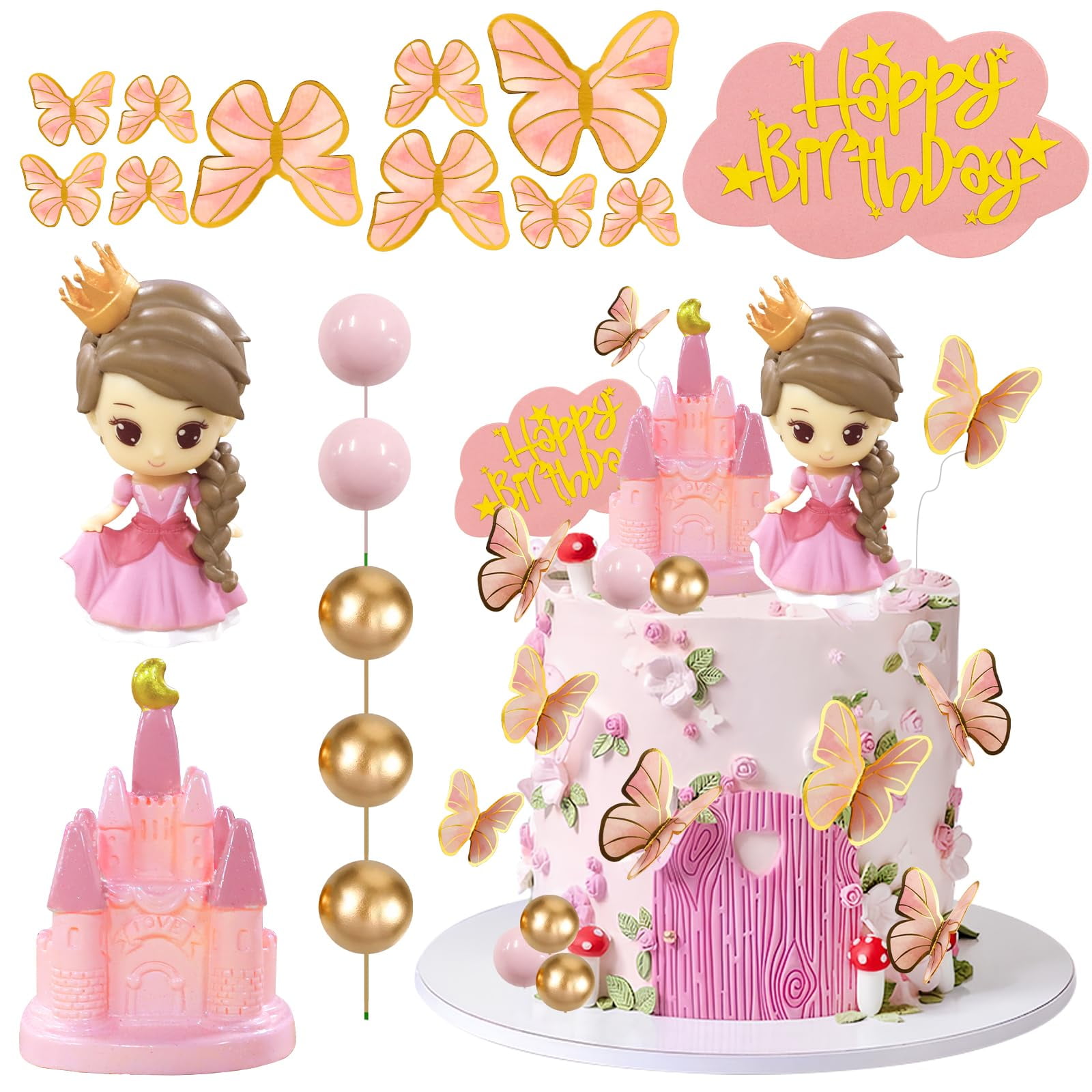 LEBERY Princess Cake Topper Pink Princess COC1Castle Cake Decorations ...