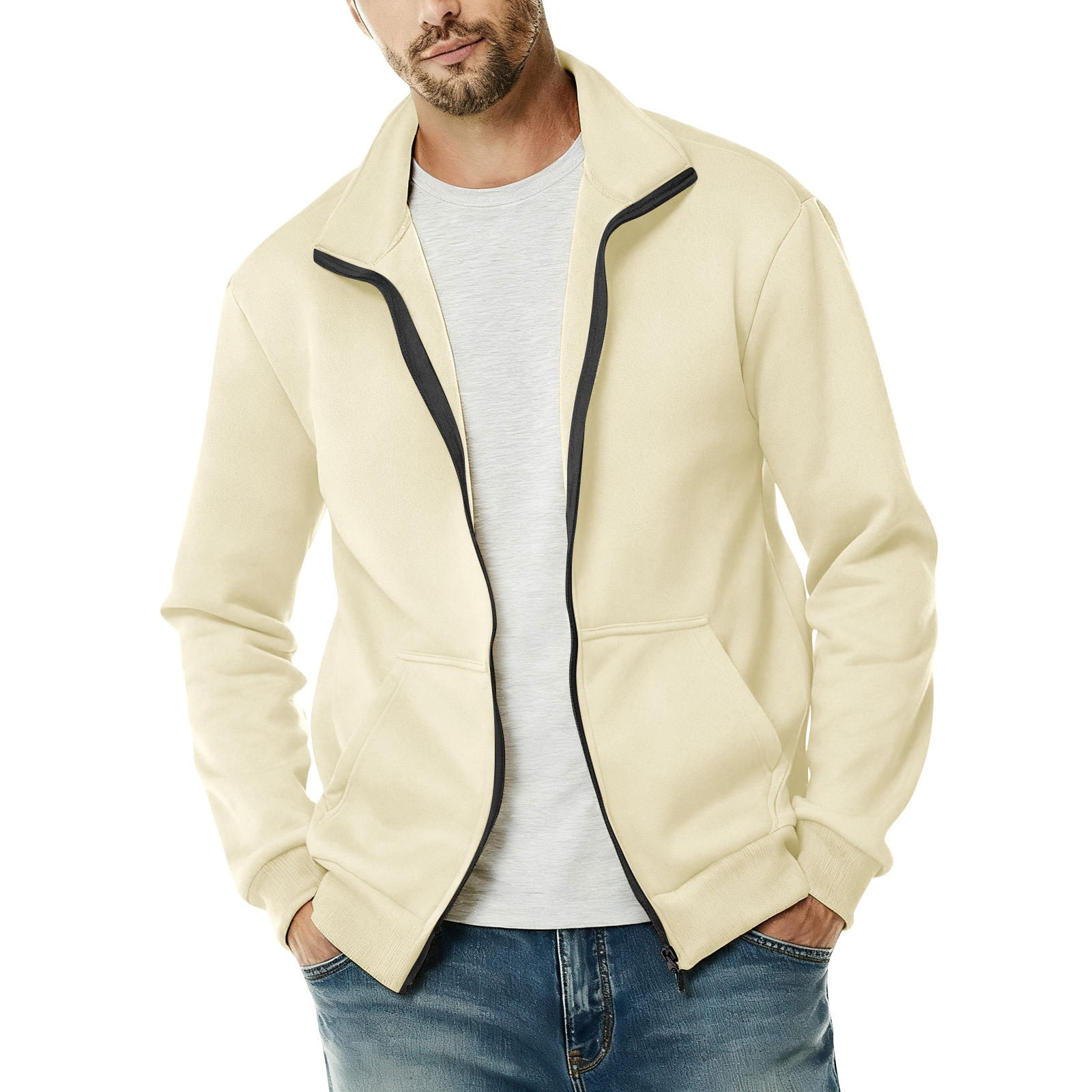 LEBONYAR Men's Trendy Full Zip Up Standing Collar Solid Colored Long ...