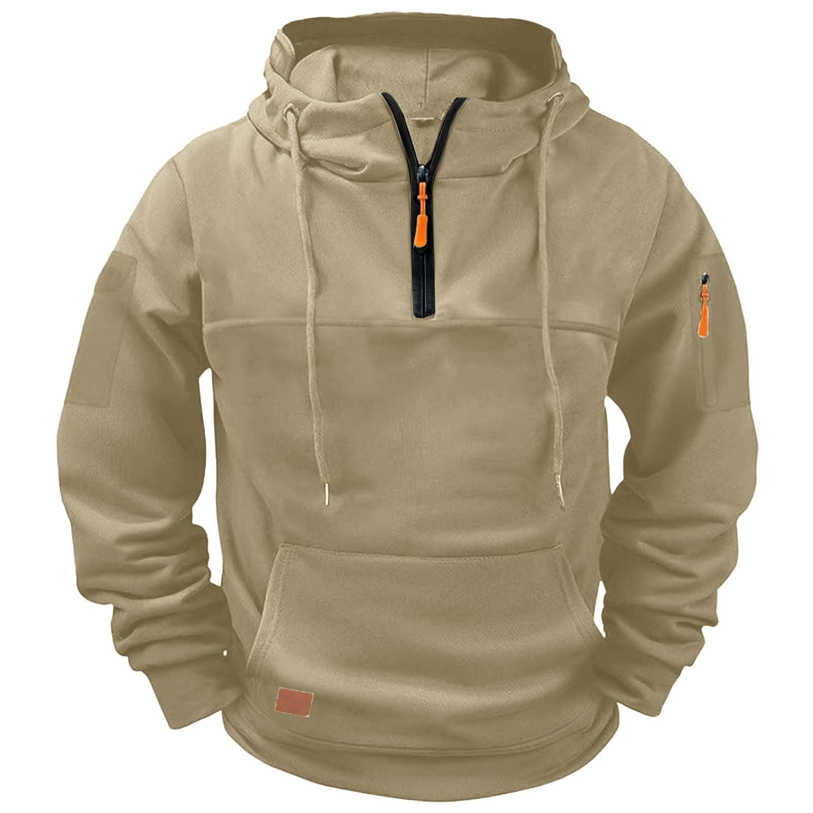 LEBONYARD Men's Half Zipper Drawstring Hooded Chic Arm Pockets Solid ...
