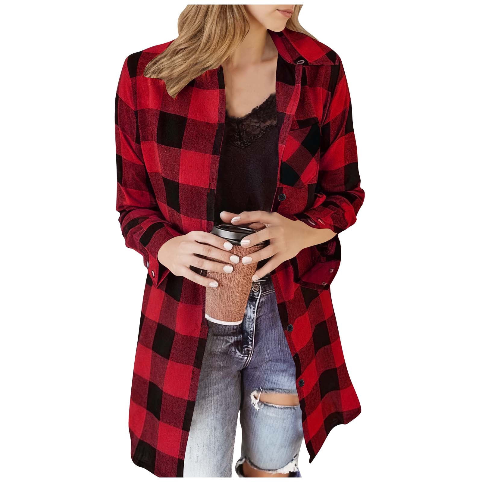 LEBONYARD Women's Fashion Lapel Plaid Design Long Sleeves Loose Fitting ...