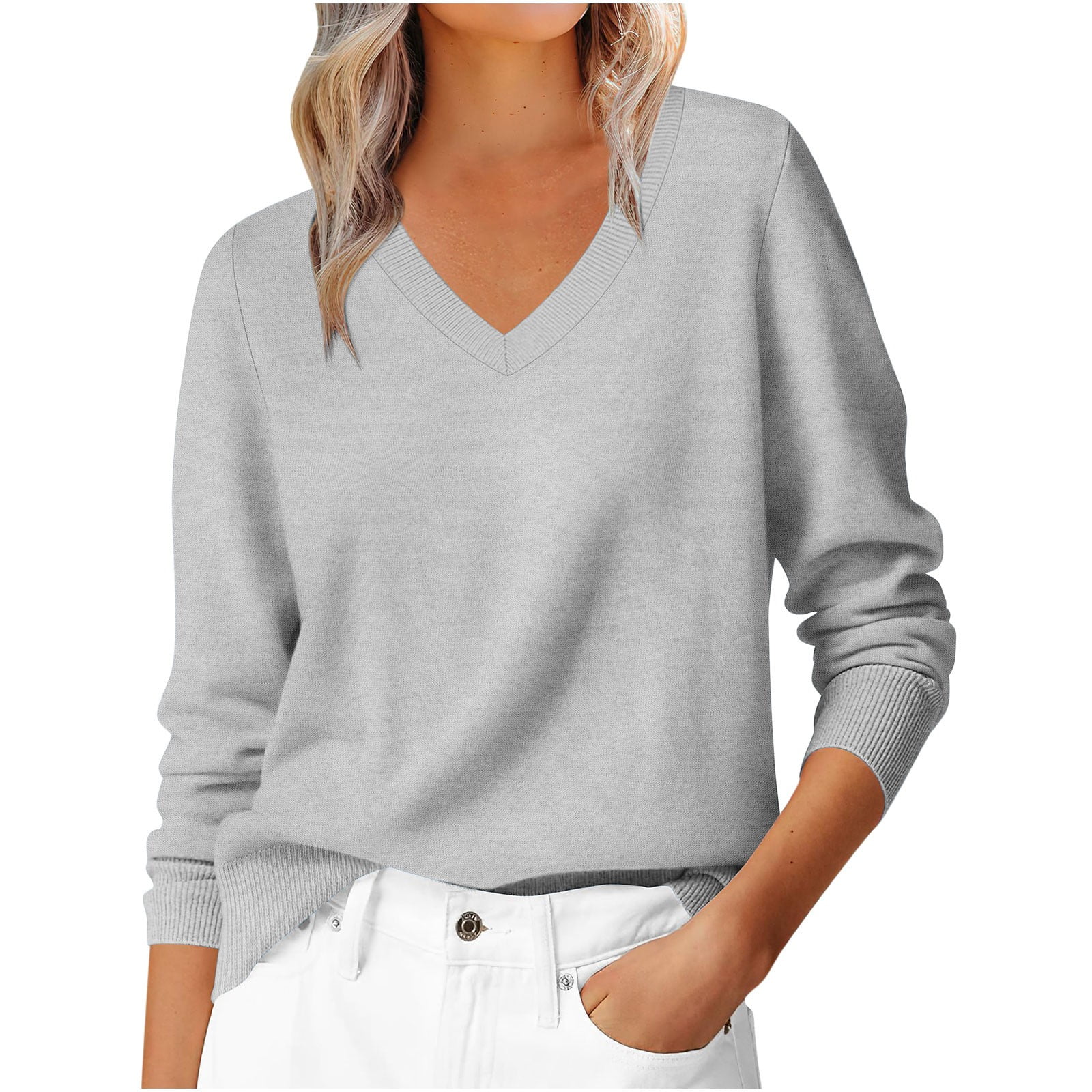 LEBONYARD Women's Fashion V-Neck Solid Colored Long Sleeve Soft Regular ...