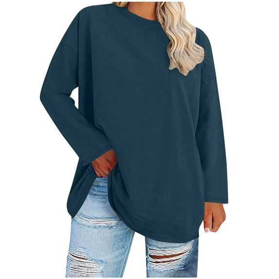 LEBONYARD Women's Trendy Plus Size Round Neck Solid Colored Comfy Long ...