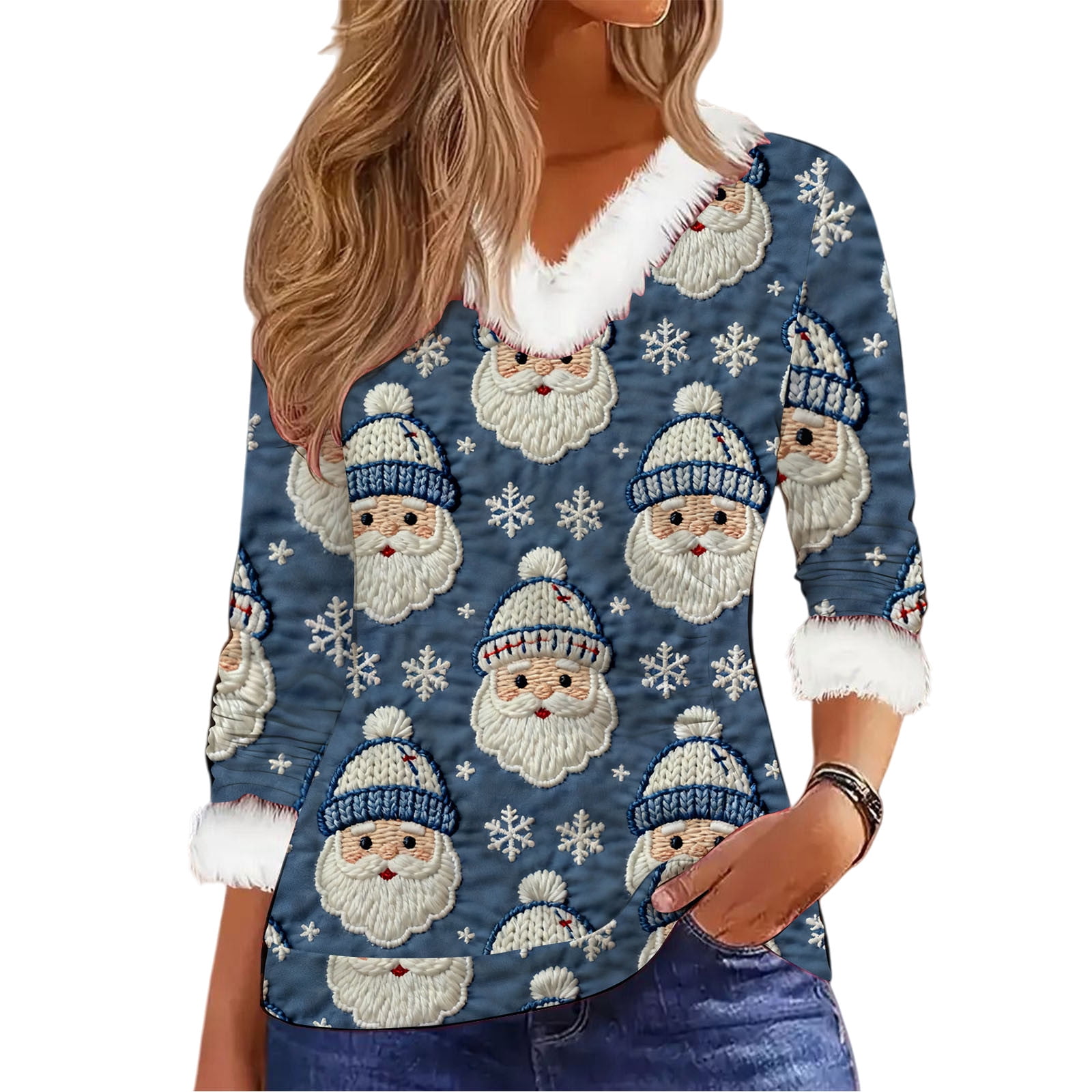 LEBONYARD Women's Trendy Round Neck Chic Plush Collar Cuff Christmas ...