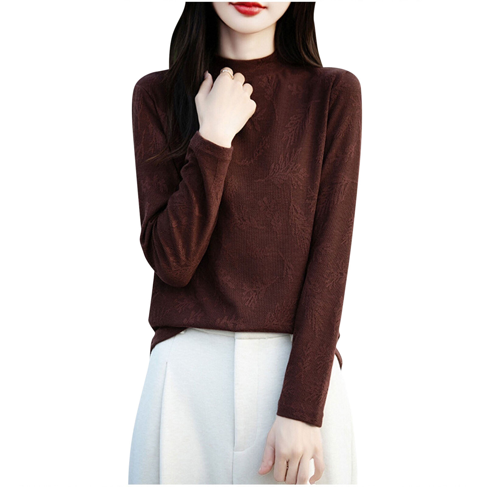 LEBONYARD Women's Trendy Semi High Neck Solid Colored Long Sleeve ...